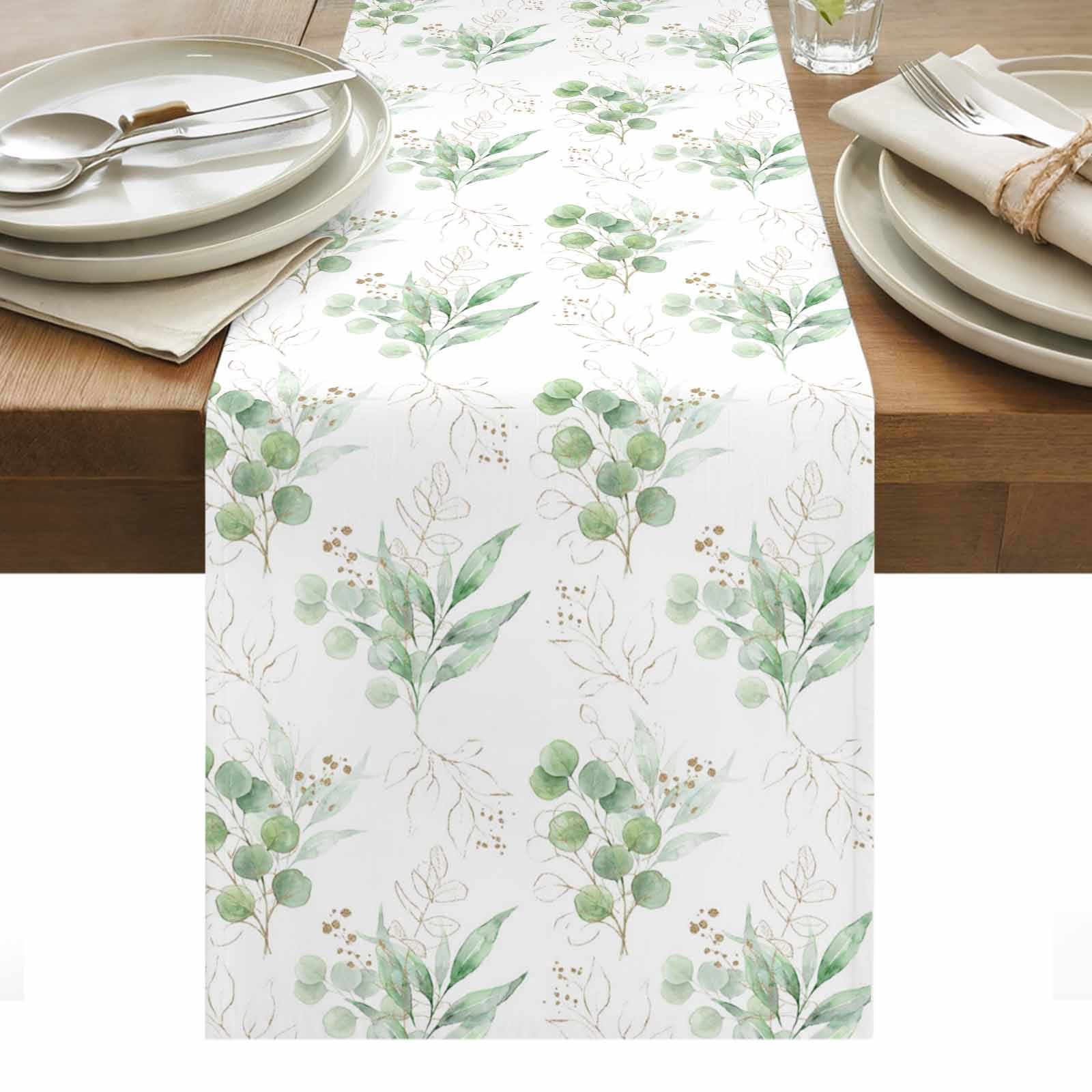 Leaf Cotton Linen Table Runner Spring Green Eucalyptus Leaves Plant ...