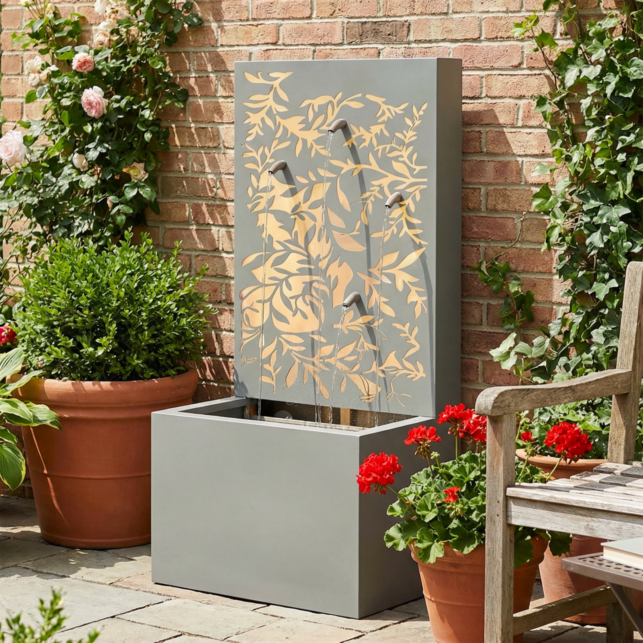 Leaf Cutout Water Wall Fountain, 30.71 Inch Light Gray Outdoor Water ...