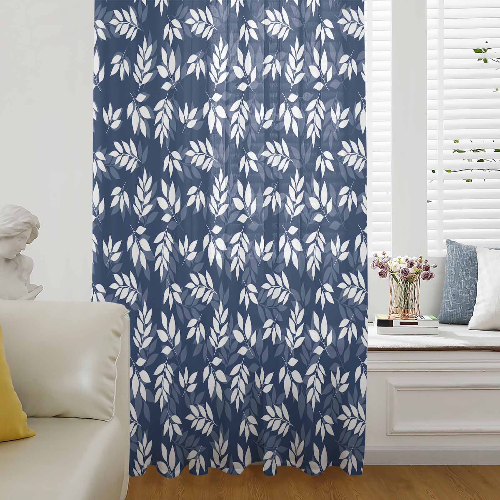 Leaf Dark Blue Window Curtain 63 Inches Long,White Autumn Vintage Fall ...