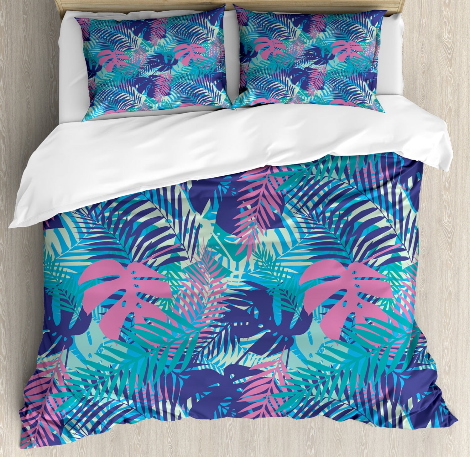 Leaf Duvet Cover Set Queen Size, Digital Neon Vivid Colored Island ...