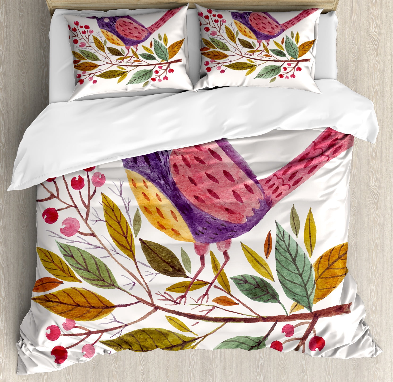 Leaf Duvet Cover Set, Watercolor Styled Effect a Bird Sitting on Branch ...