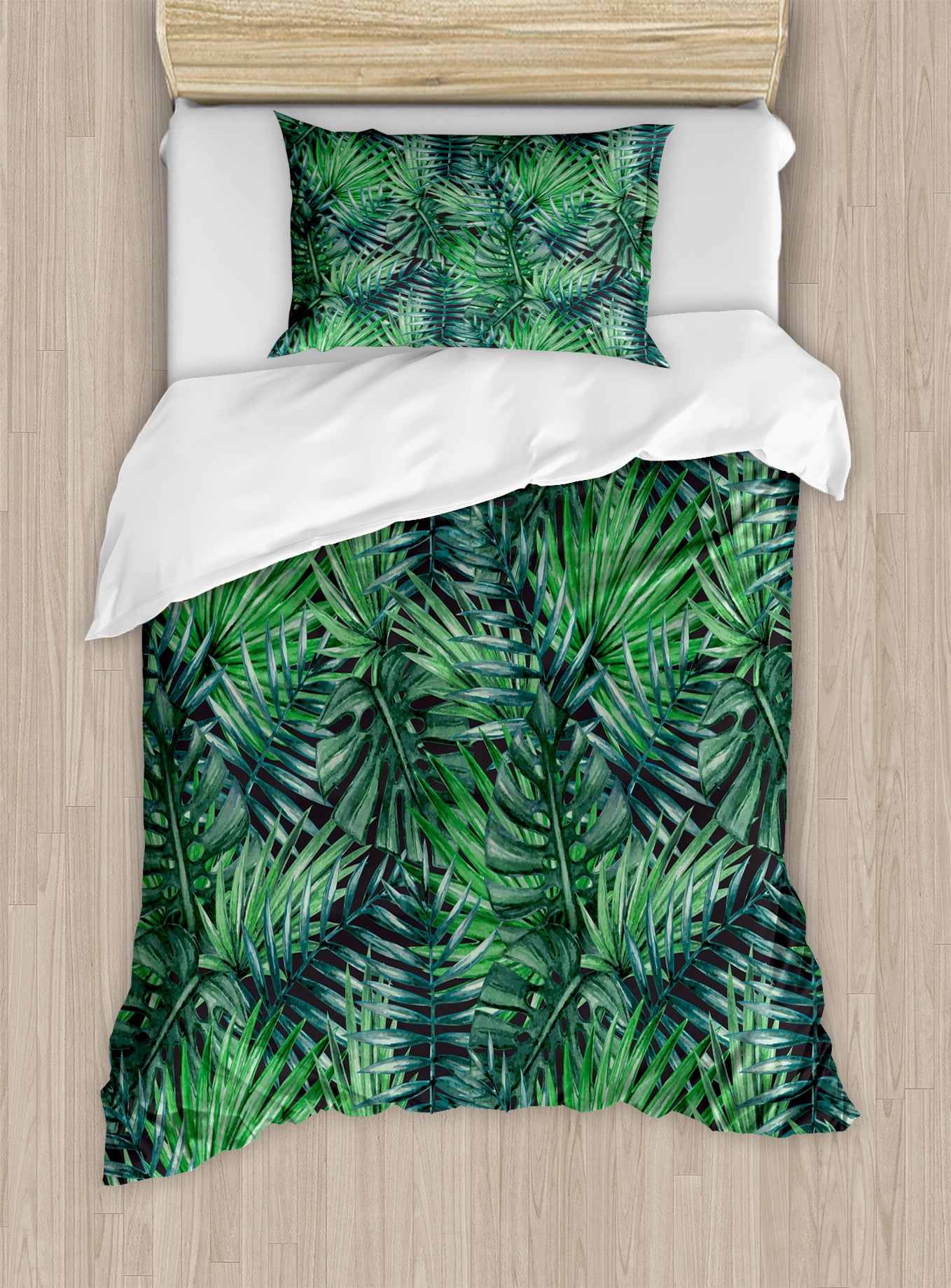 Leaf Duvet Cover Set, Watercolored Old Design Print of Palm Tropic ...