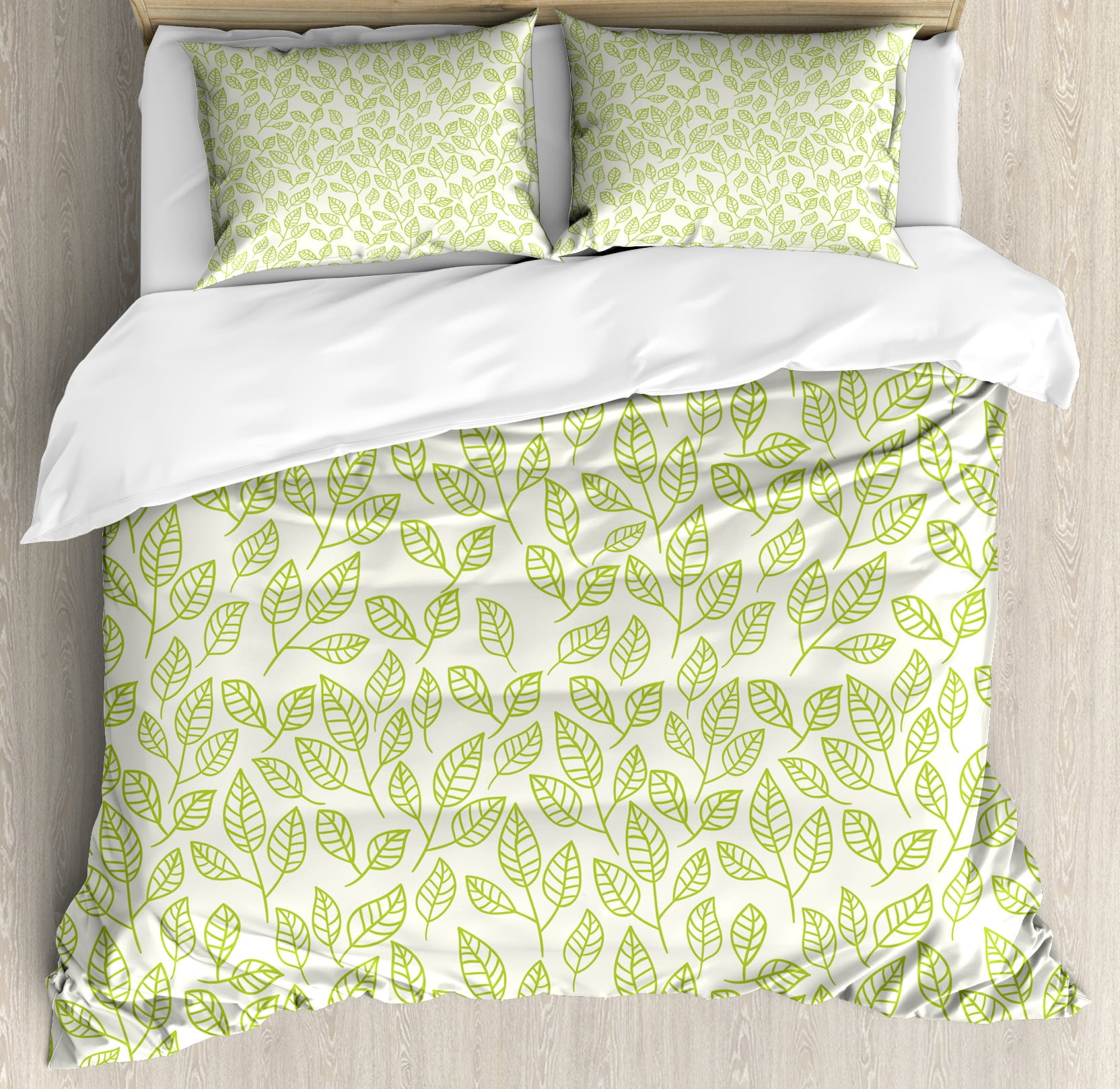 Leaf Duvet Cover Set, Watercolors Green Tea Leaves and Branches Lines ...