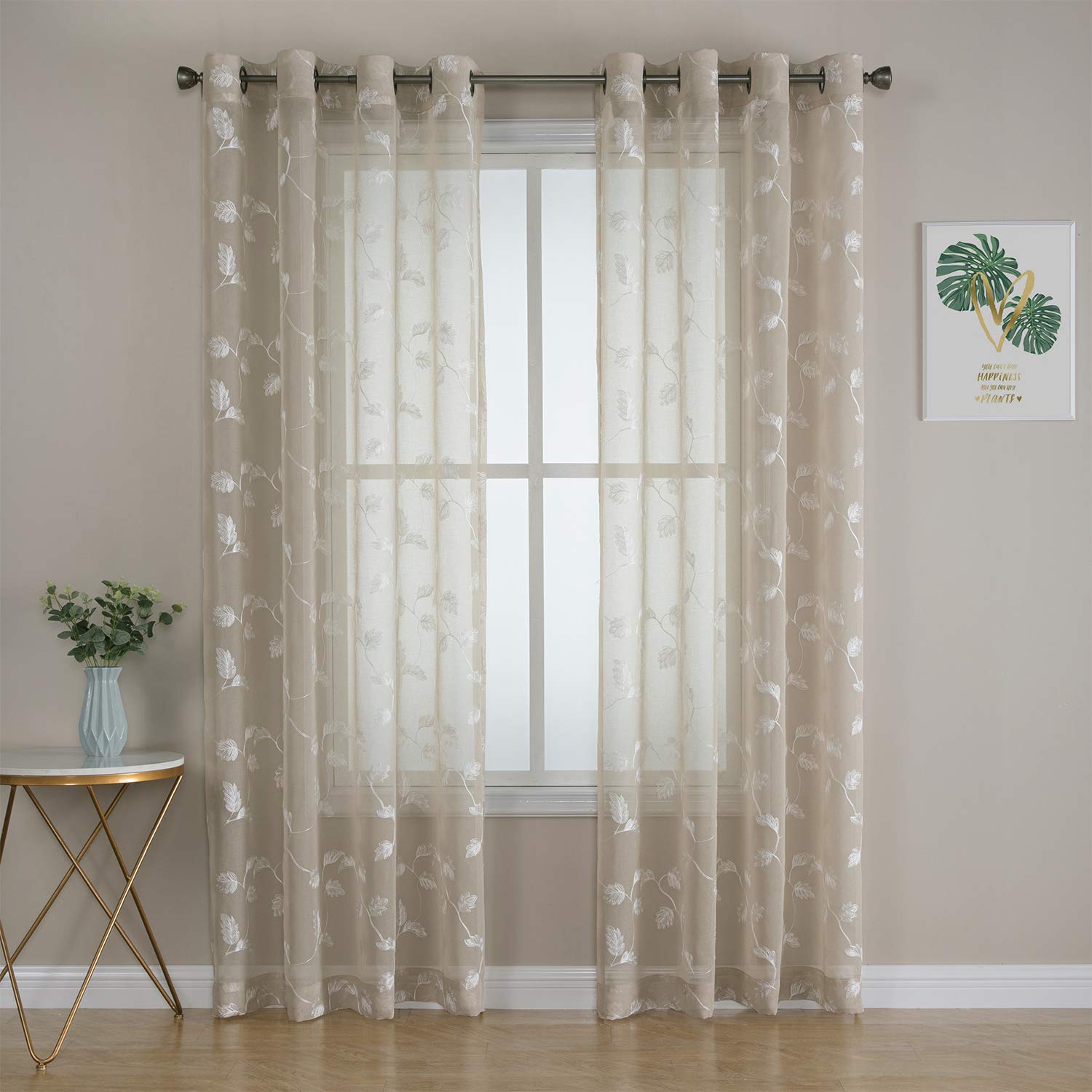 Leaf Embroidery Sheer Curtains, Taupe Sheer Window Curtains for Living ...