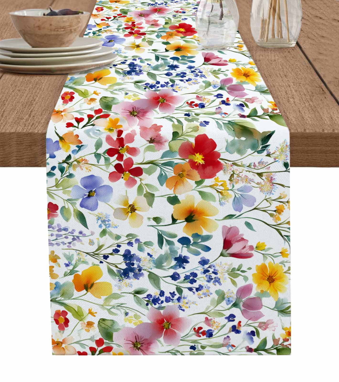 Leaf Flower Burlap Cotton Table Runner 18x72 Inches Long, Plant Floral ...