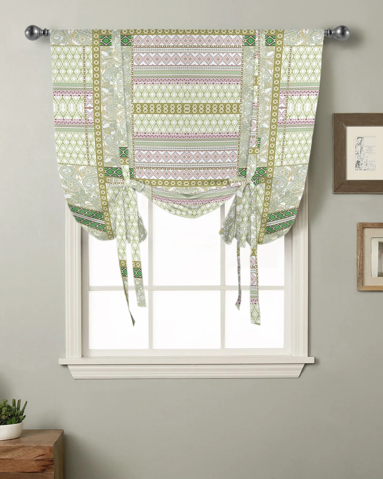 Leaf Flower Peris Indian Green Kitchen Short Window Curtain Rod Pocket ...