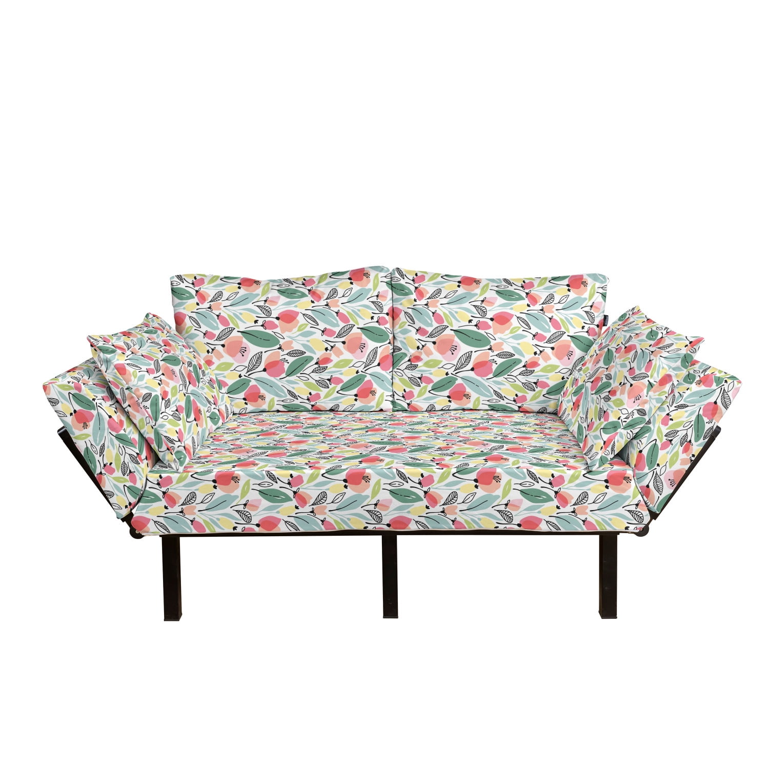Leaf Futon Couch, Floral Pattern with Poppies in Hand Painted Style ...