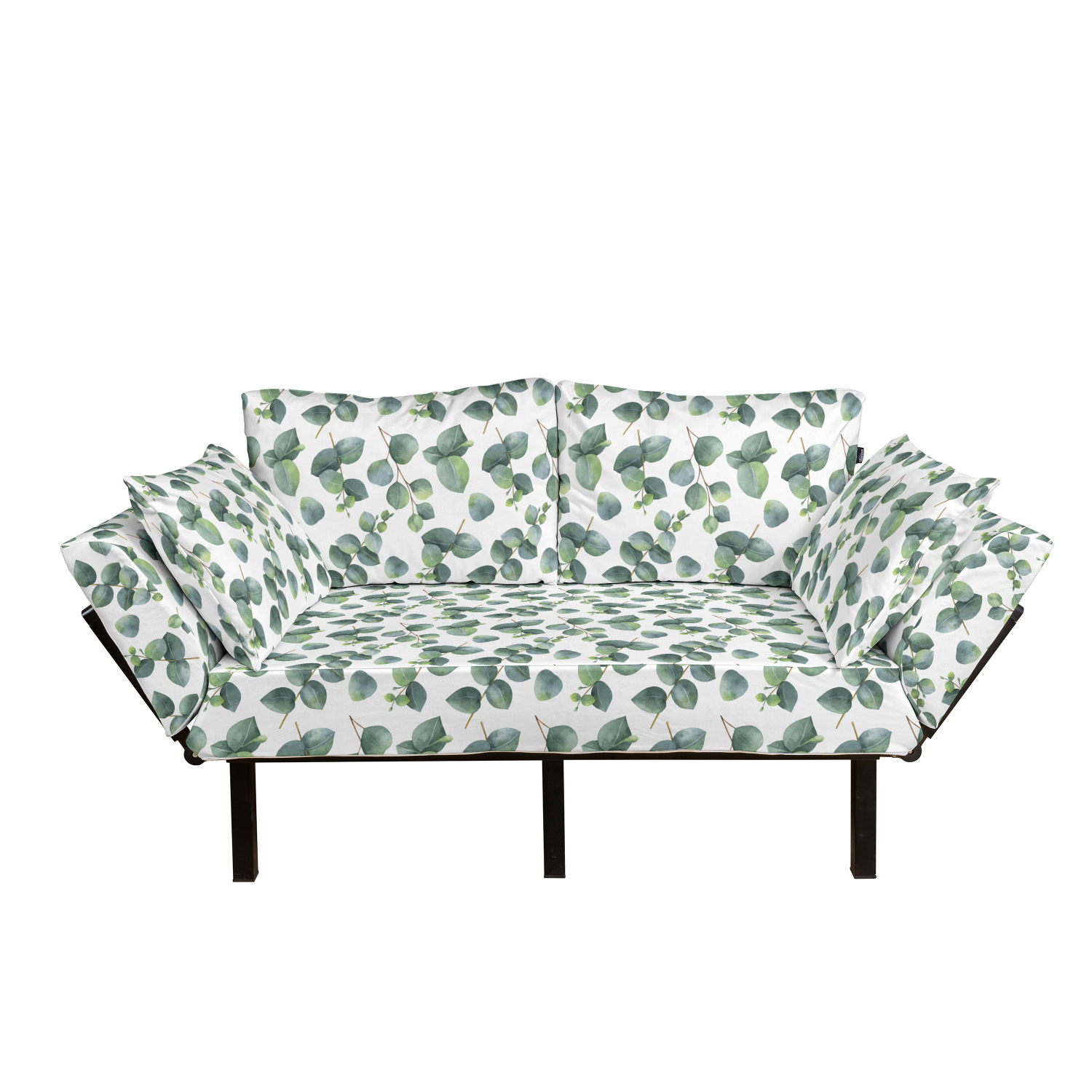 Leaf Futon Couch, Watercolor Style Pattern Dollar Eucalyptus Leaves and ...