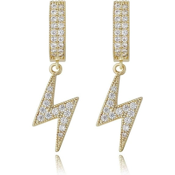 Leaf Lightning Pendant Earrings 14K Gold Plated 5A+ Cubic Zirconia Hoop Lightning Drop Cool ...