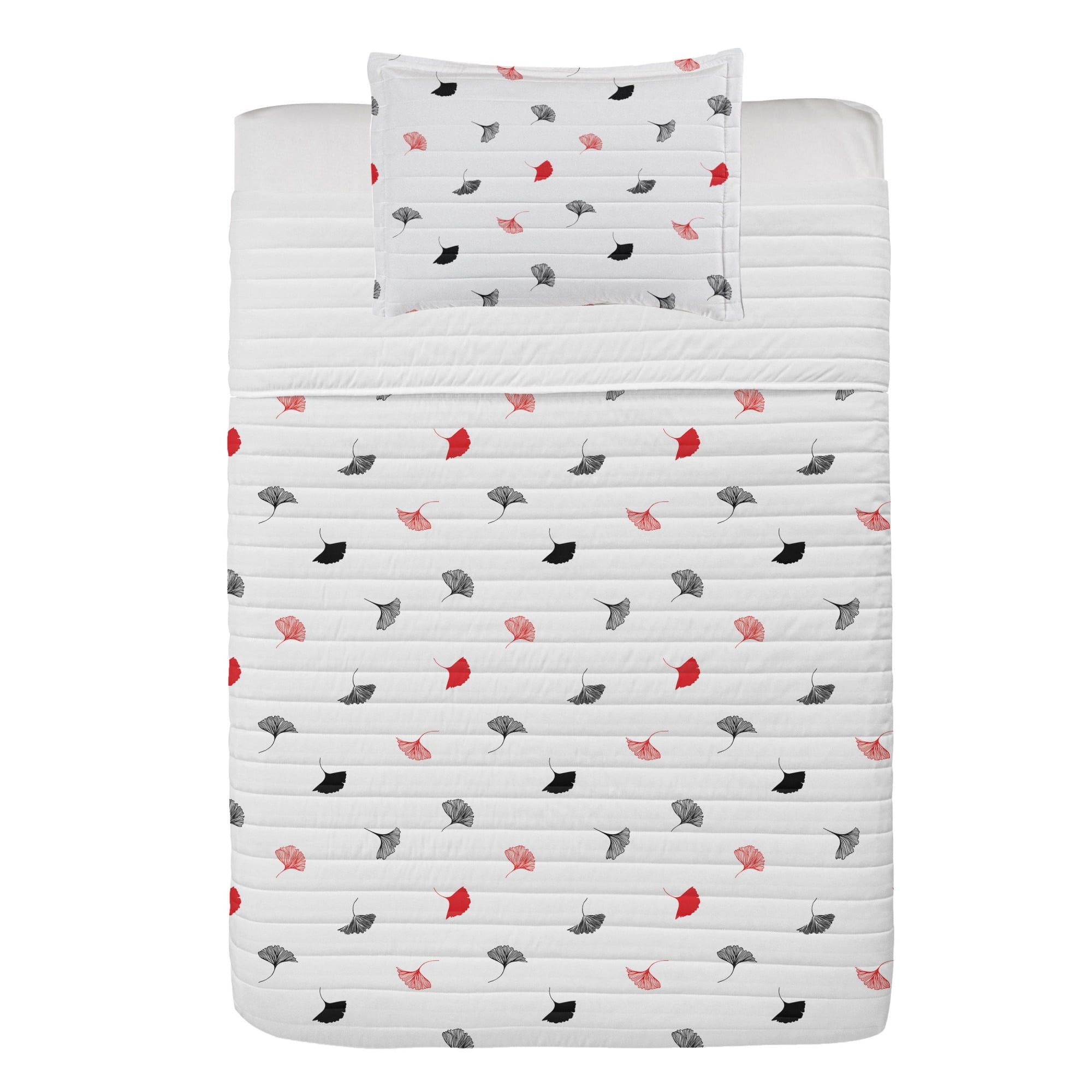 Leaf Microfiber Bedspread Set, Ginkgo Leaves Scattered on White Background with Minimalist Style ...