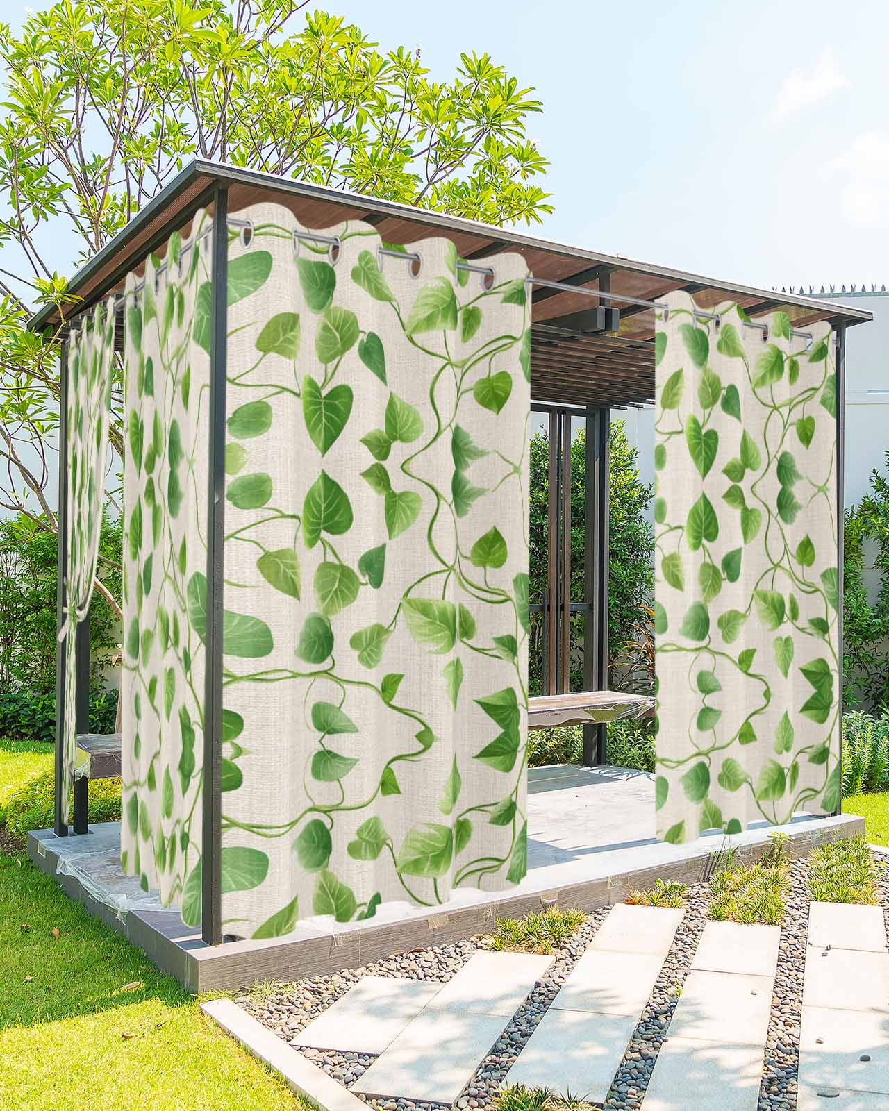 Leaf Outdoor Curtains for Patio, Spring Watercolor Country Green Leaves ...