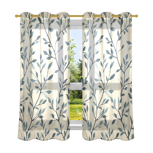 Leaf Pattern Semi Sheer Curtains 2 Panels Faux Linen Voile Sheer Drapes ...