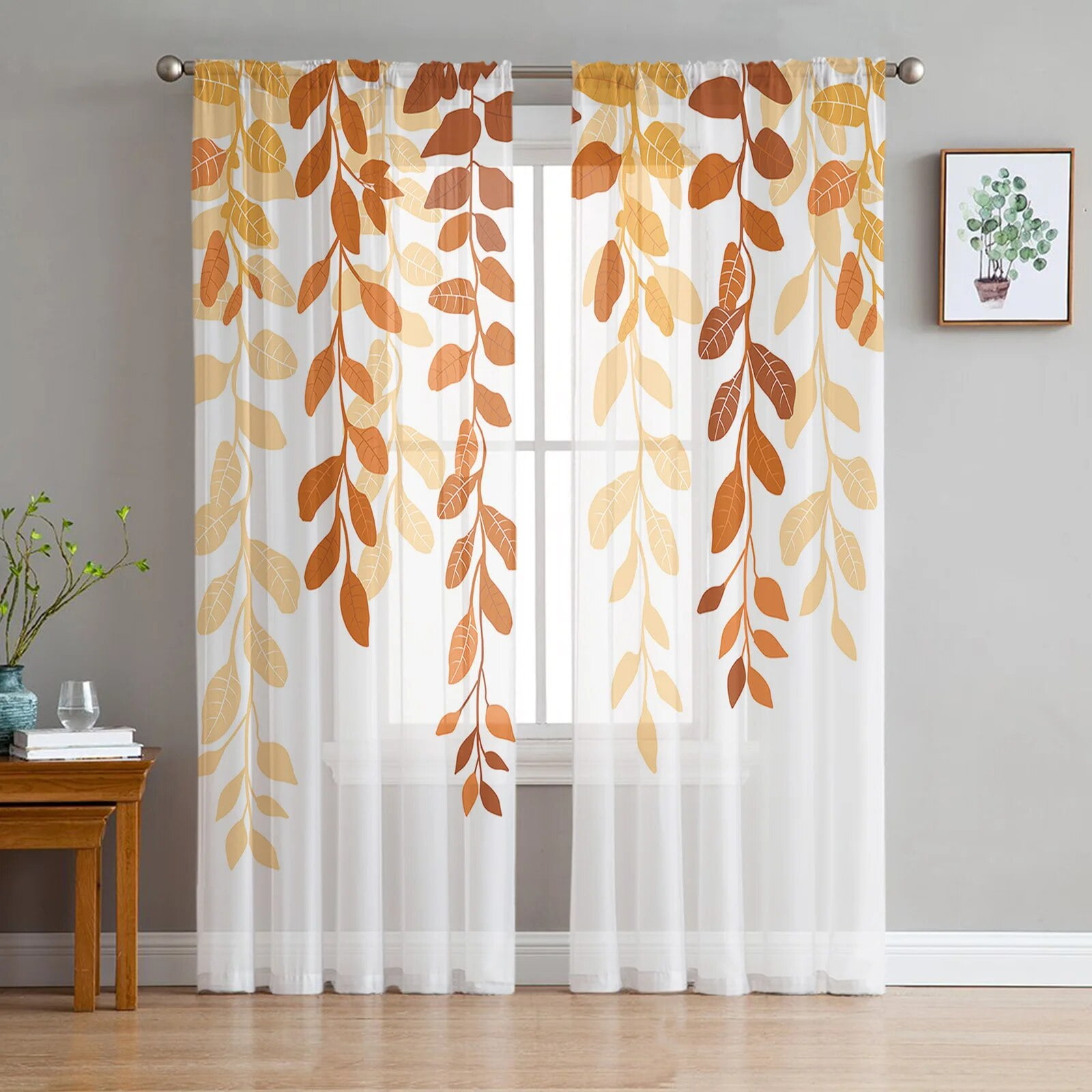 Leaf Plants Country Style Orange Gradient Tulle Drapes for Living Room ...