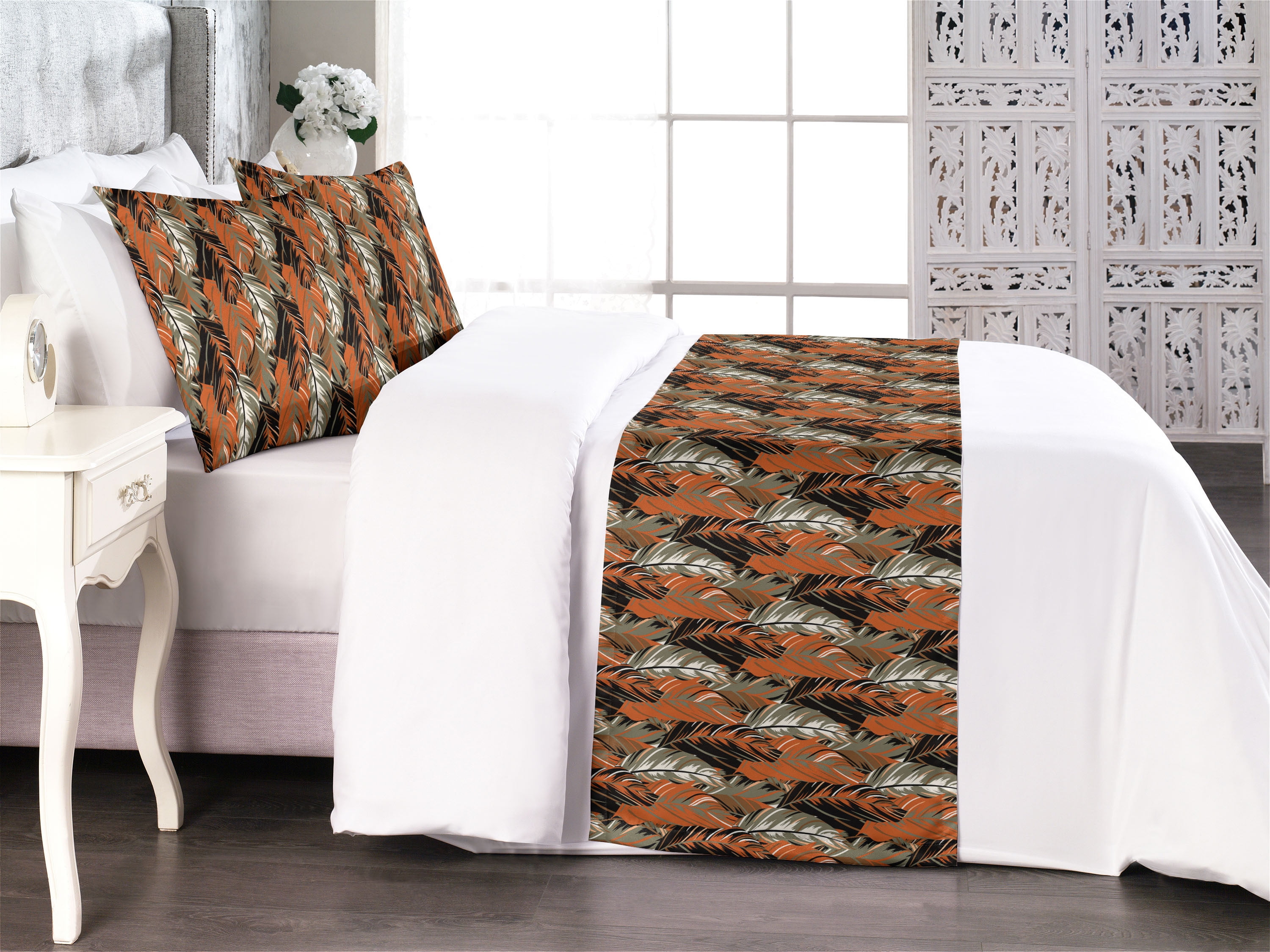 Leaf Print Bed Runner Set, Foliage of Leaves Jungle Contemporary Design ...