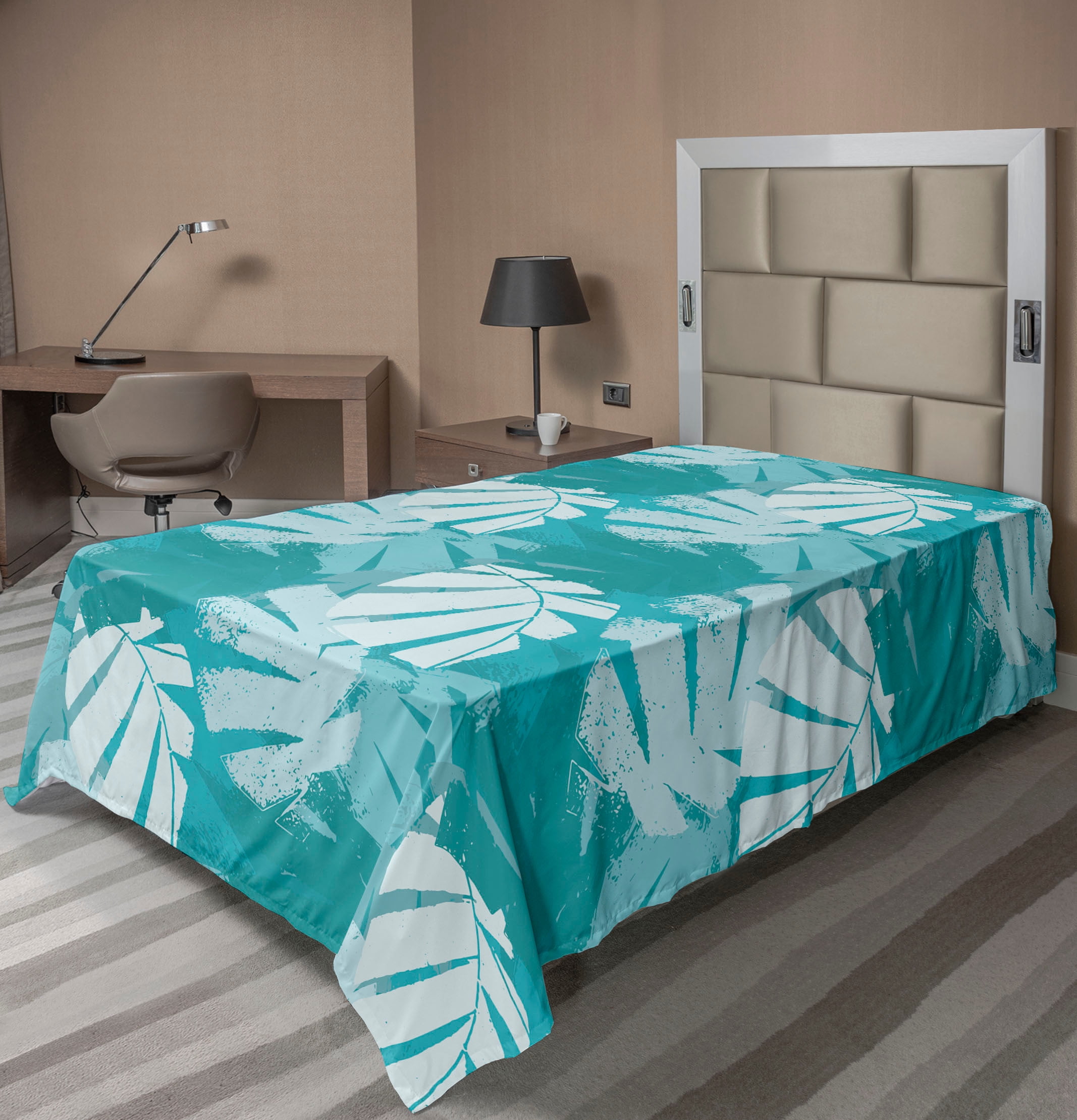 Leaf Print Flat Sheet, Hawaiian Vibes with Exotic Overlapping Leaves in ...
