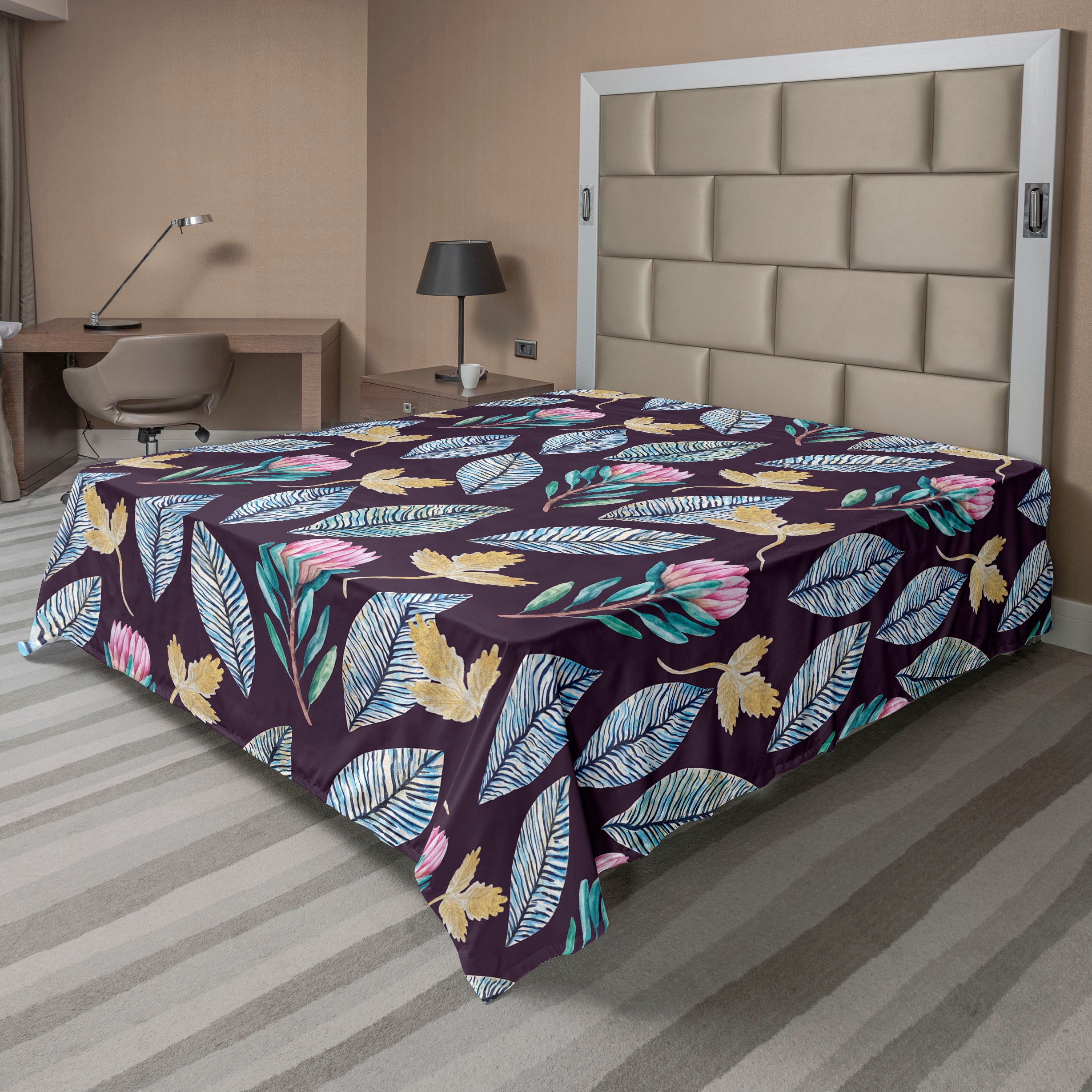 Leaf Print Flat Sheet, Nature Theme Blossom Illustration Artwork With ...