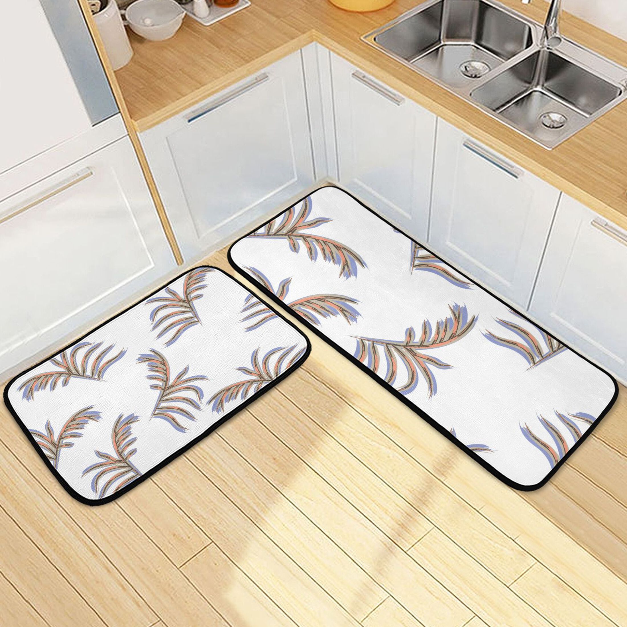 Leaf Print Kitchen Rugs Set of 2 Non Slip Floor Foam Mat Cushioned Soft ...