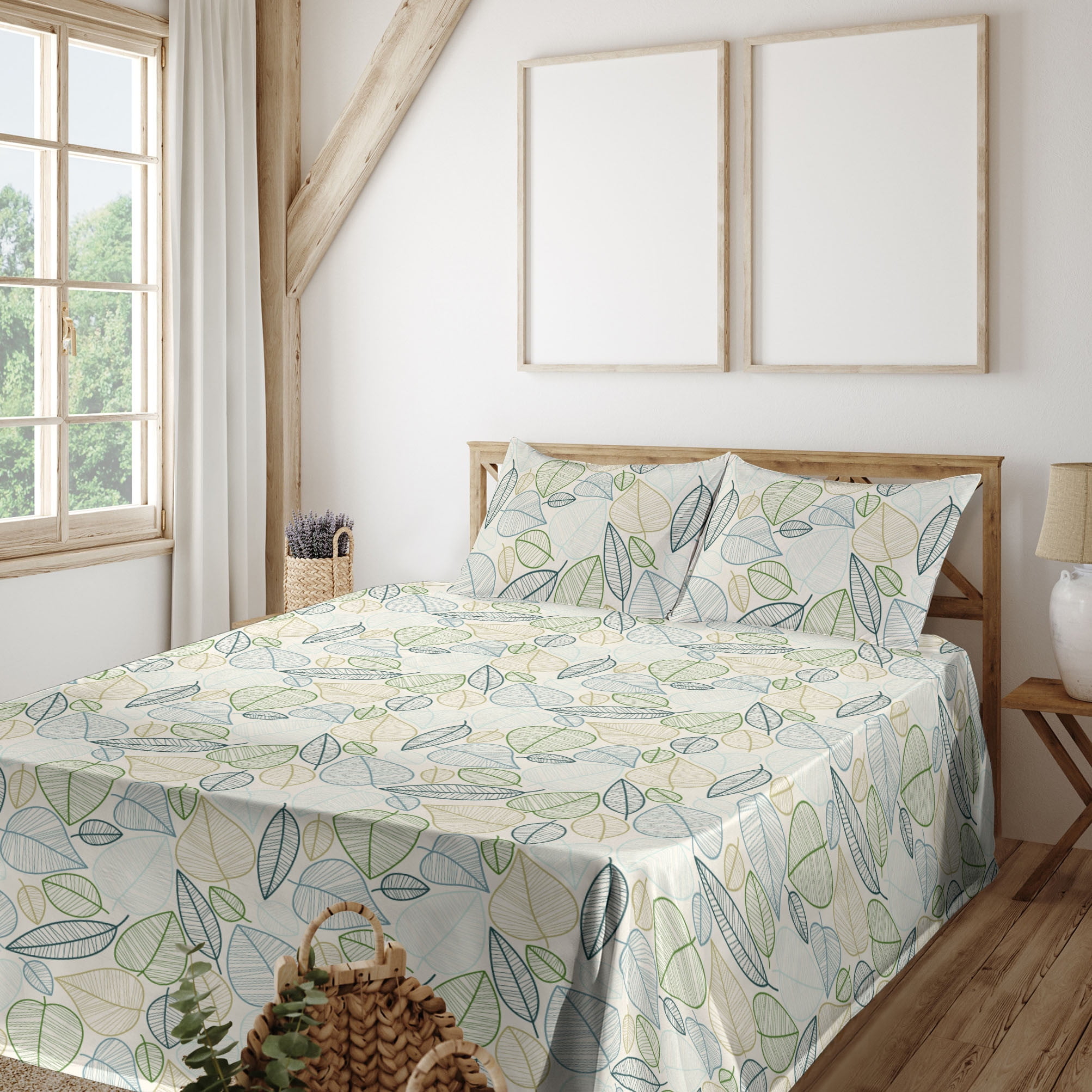 Ambesonne Leaf Print Fitted & Flat Sheet with Shams 4 Pcs Set, Line ...