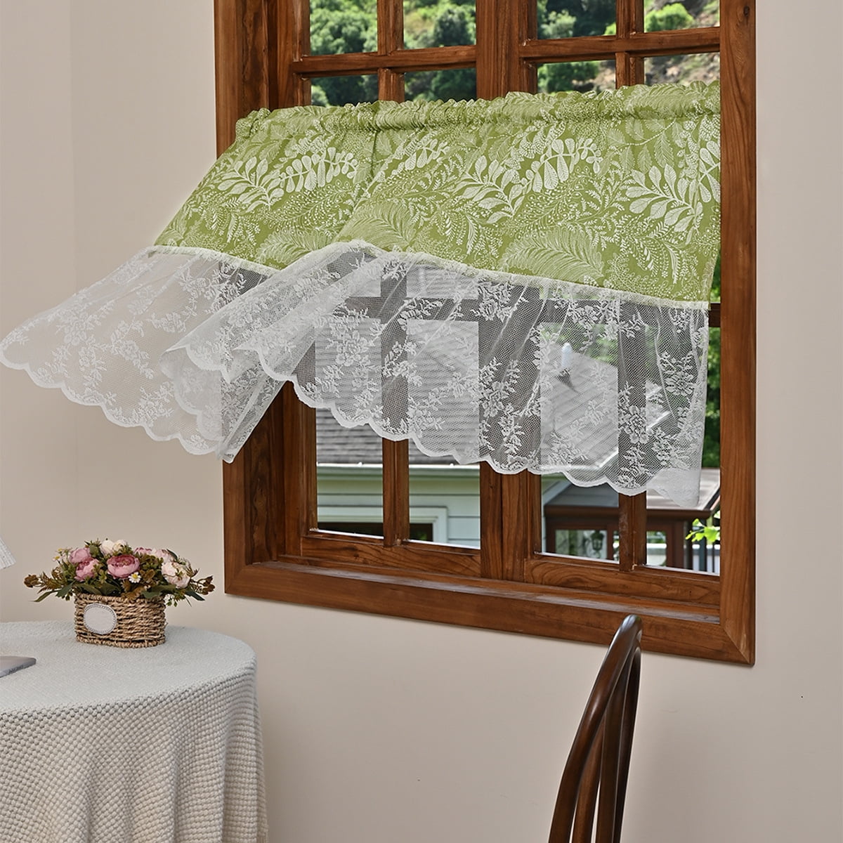Leaf Print Valance Curtains with Lace Trim, Rod Pocket Kitchen Window ...