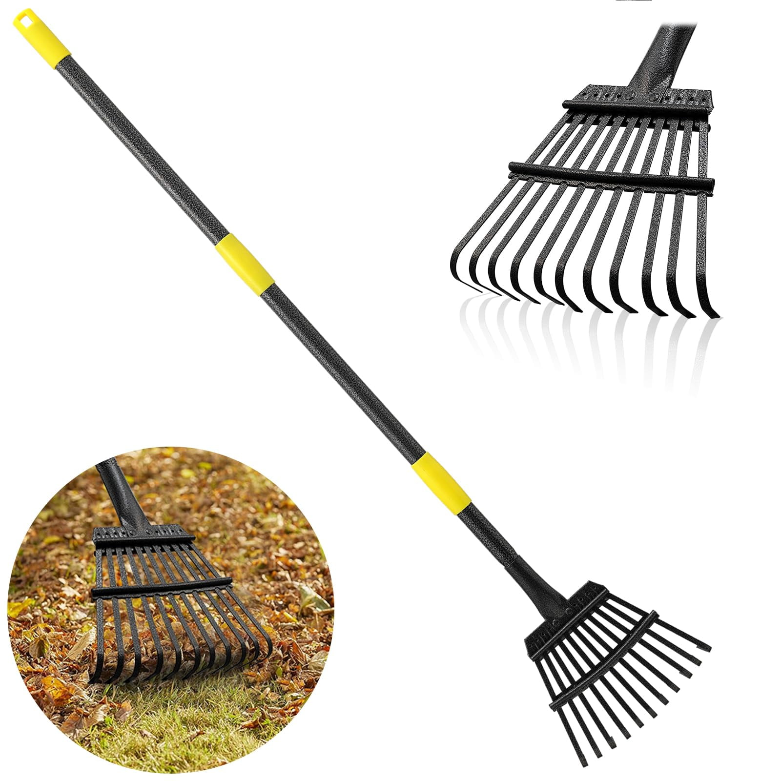 Leaf Rake for Gardening, Adjustable Metal Garden Rake for Leaves Long ...