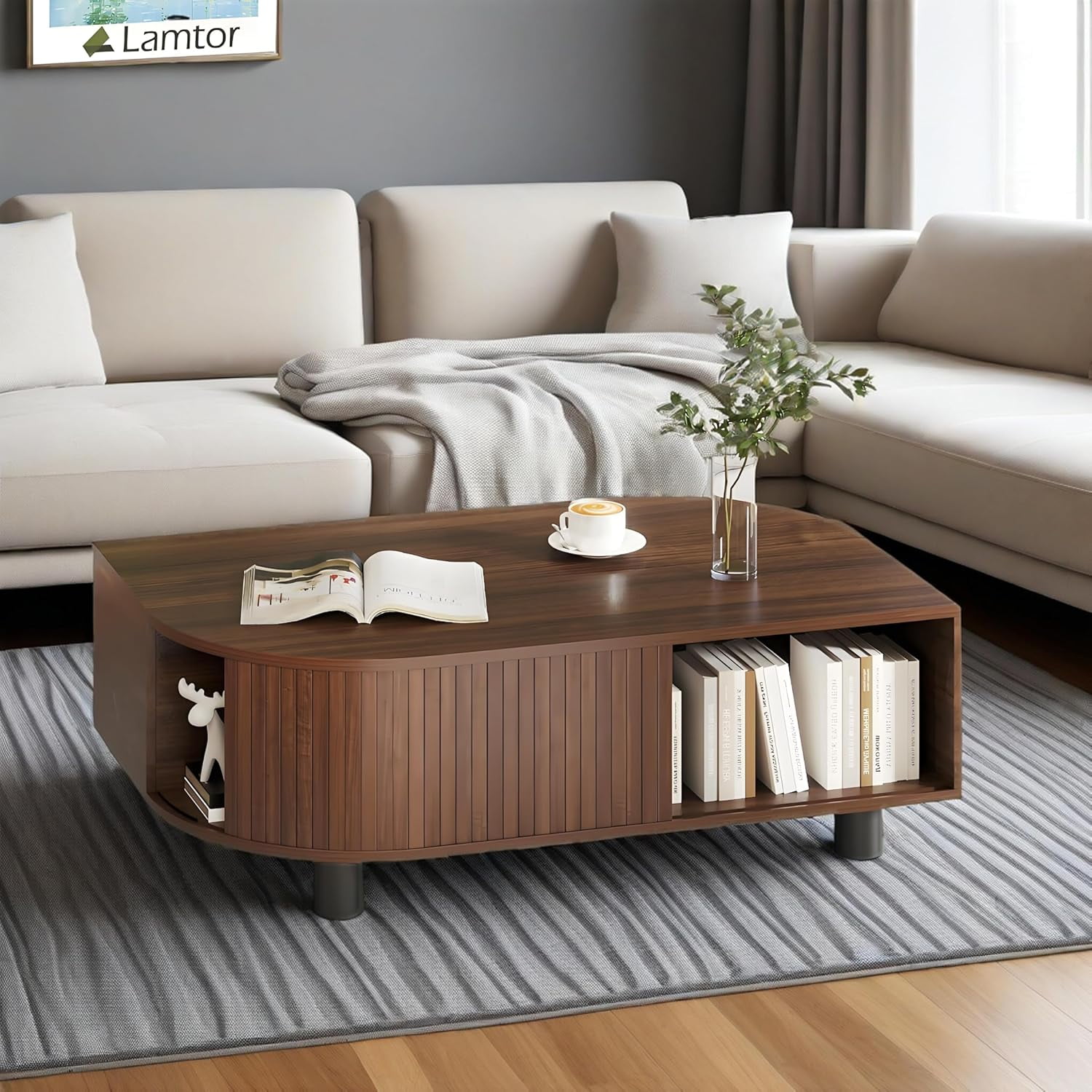 Leaf-Shaped Fluted 39.4" Coffee Table with Storage, Mid Century Wooden ...