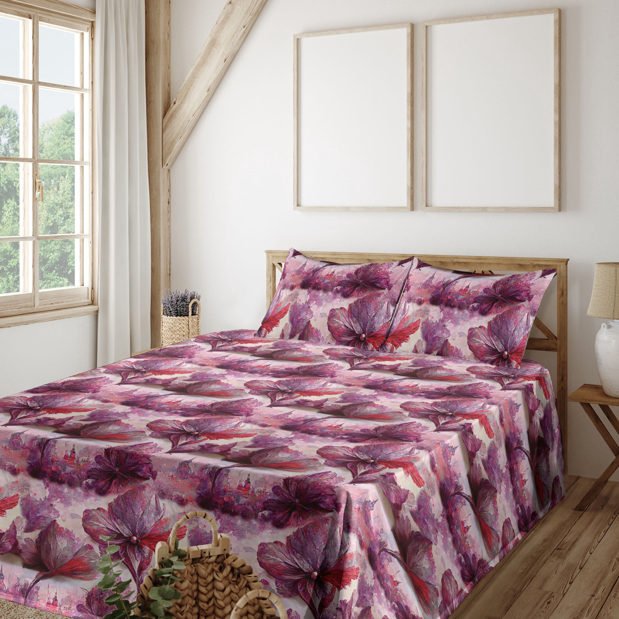 Ambesonne Leaf Fitted & Flat Sheet with Shams 4 Pcs Set, Romantic ...