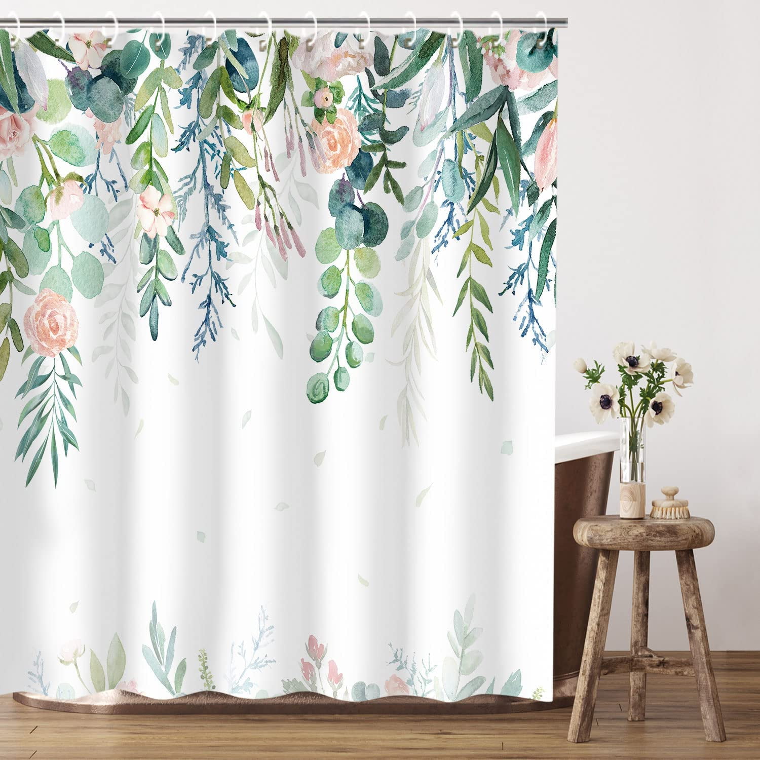 Leaf Shower Curtain, Green Leaves Shower Curtain, Pink Floral Shower ...