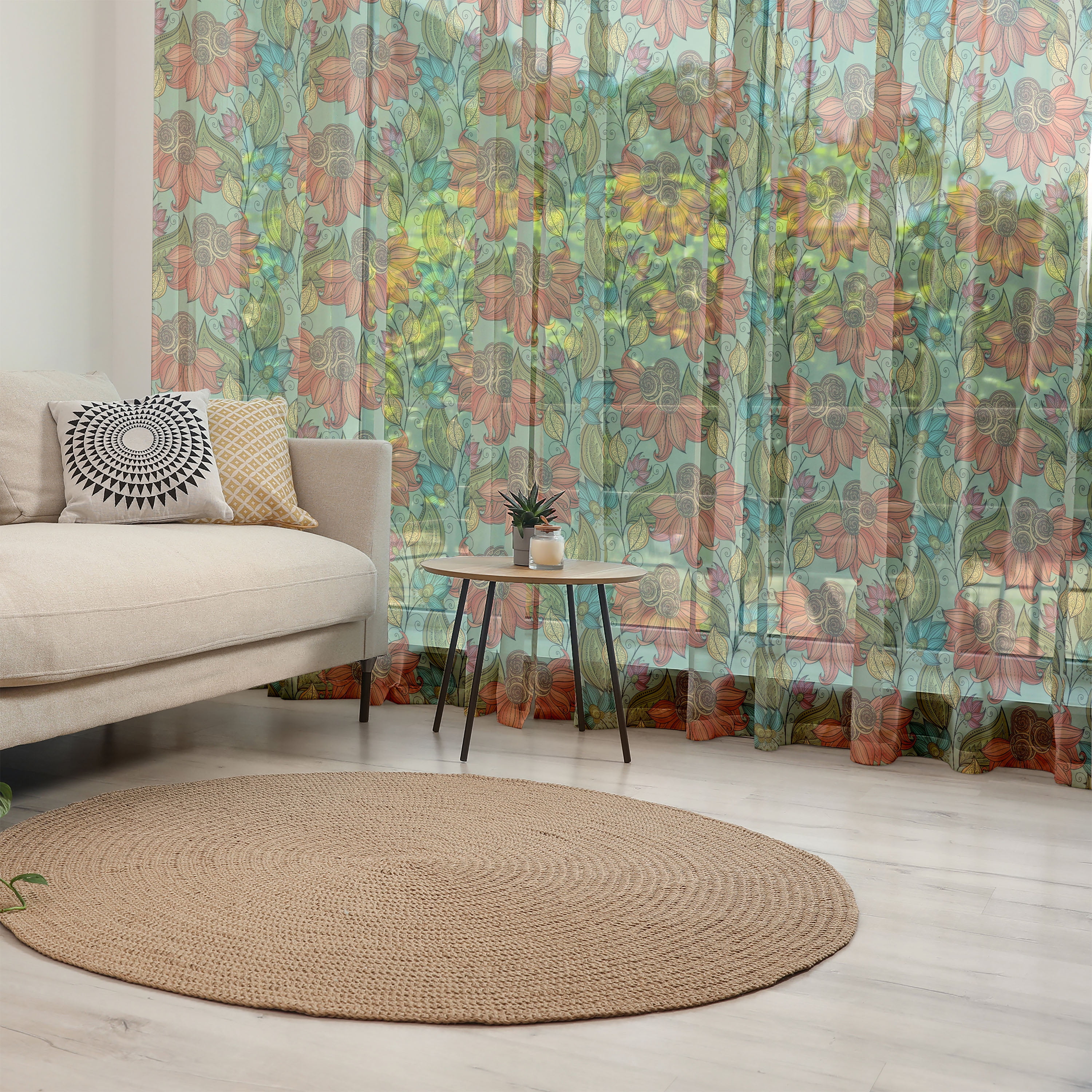 Leaf Tulle Curtains with Rod Pocket, Flourishing Nature Pattern Rich in ...