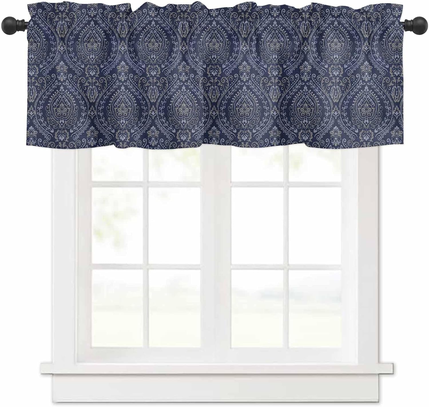 Leaf Valances for Windows, Baroque Style Blue Leaves Floral Blooms ...
