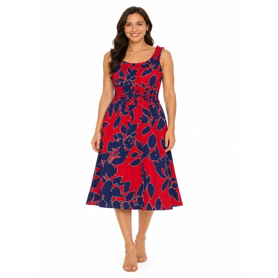 Leaf print, A-line, empire fit & flare, cotton blend, pullover, midi ...