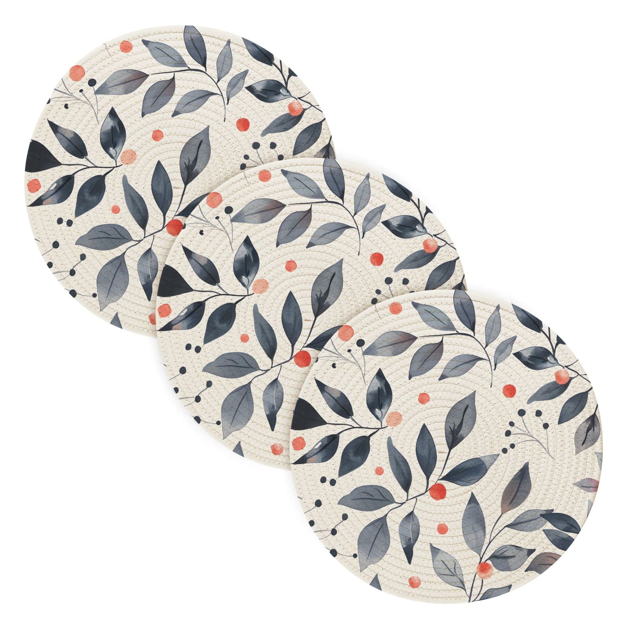 Leaf with Red Berries 3 Pcs Pot Holders Trivets Set Woven Heat ...