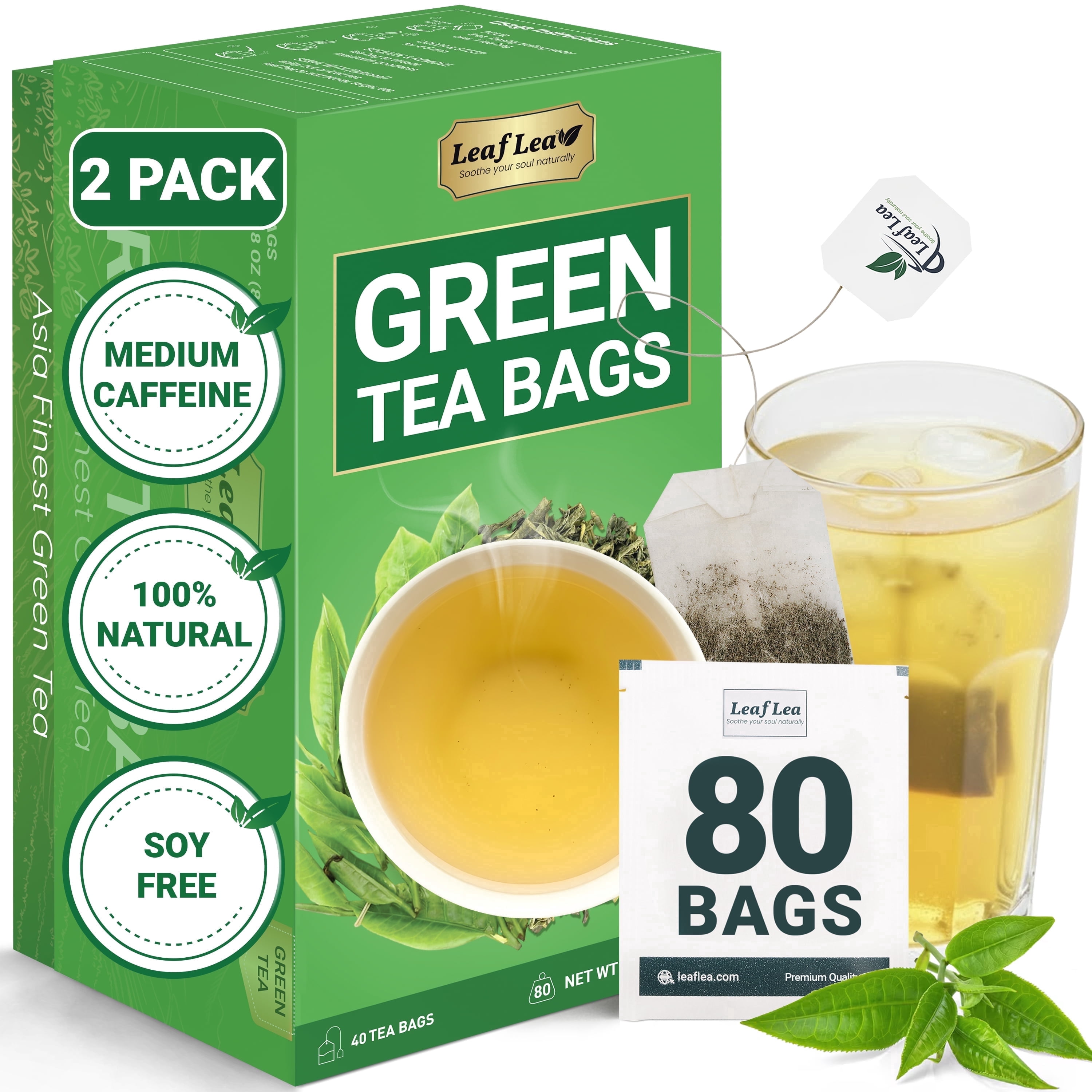 LeafLea 80 Premium Green Tea Bags, Pure Green Tea Leaves Herbal, Mild ...