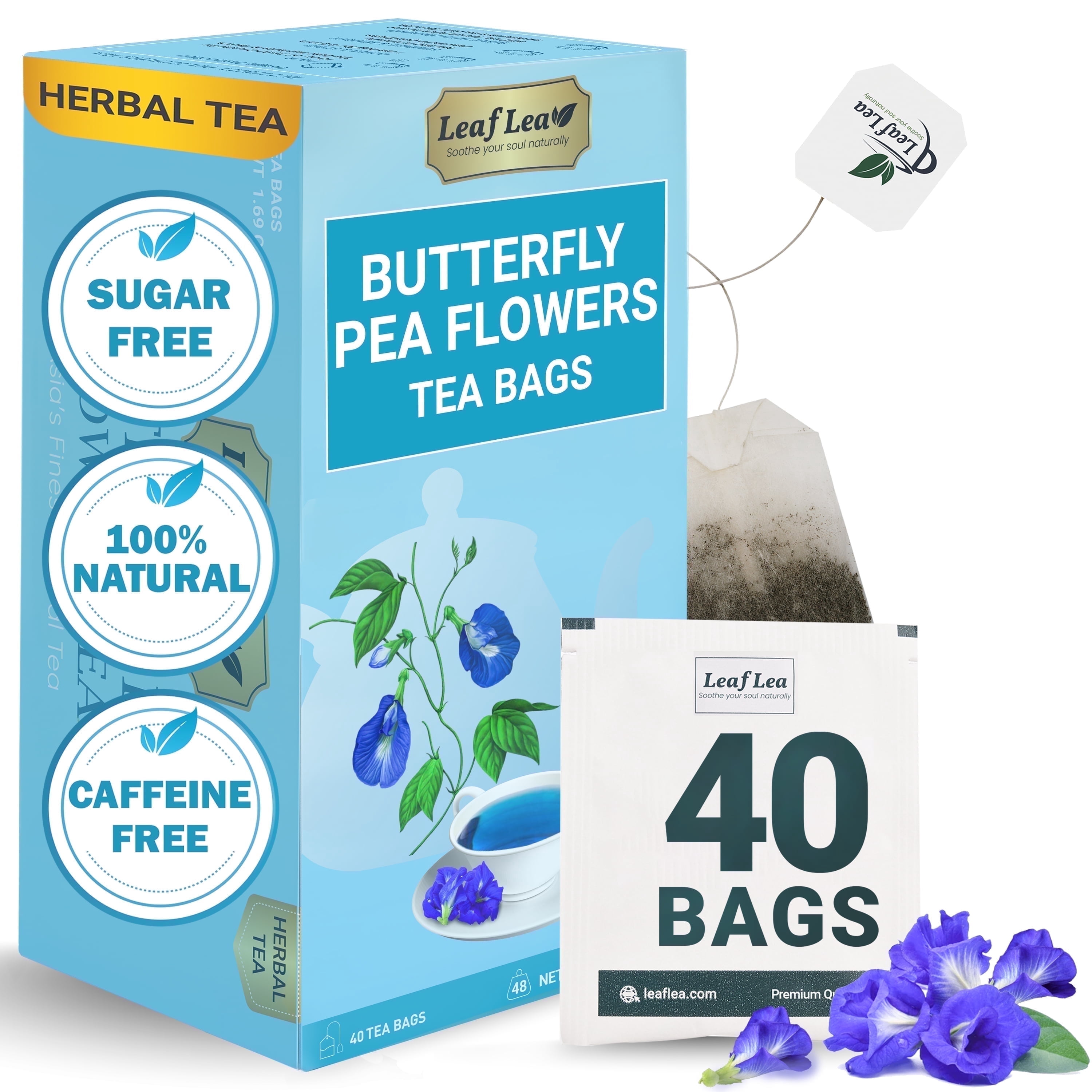 LeafLea 40 Butterfly Pea Flower Tea Bags, Herbal Blue Pea Tea for ...