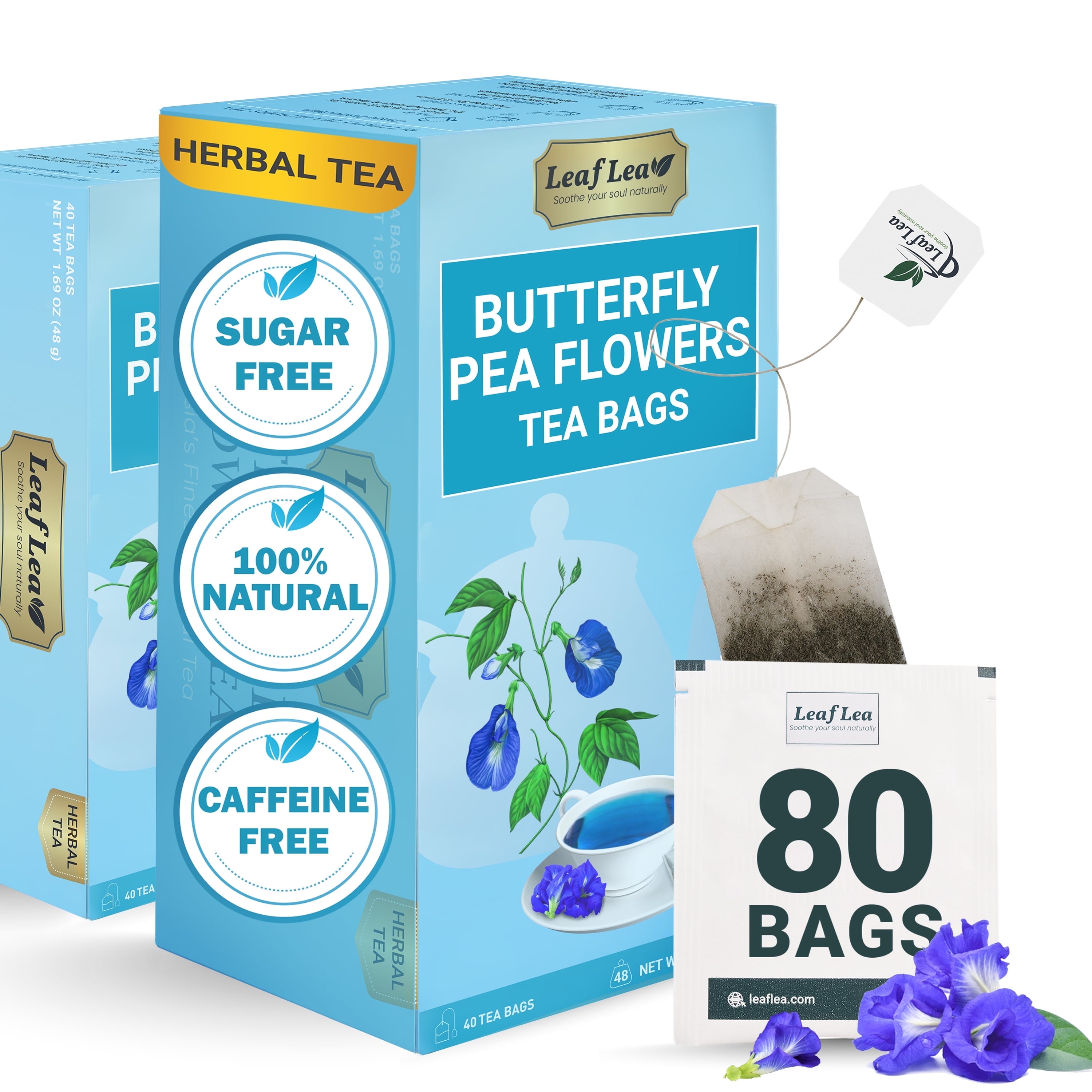 LeafLea Blue Butterfly Pea Flower Tea Bags, Natural Butterfly Tea Bags ...