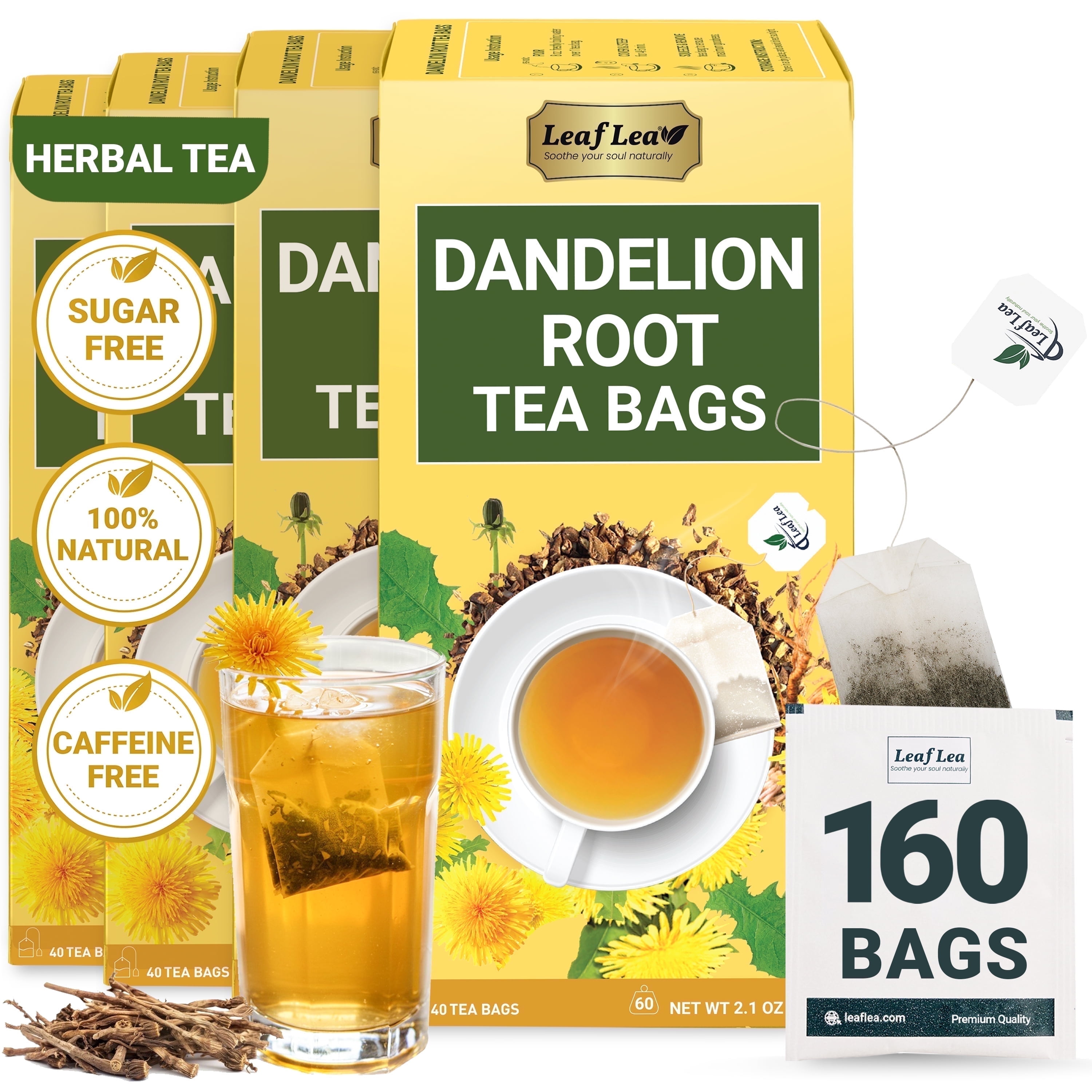 LeafLea Dandelion Root Tea Bags – 160 Individually Wrapped Tea Bags ...