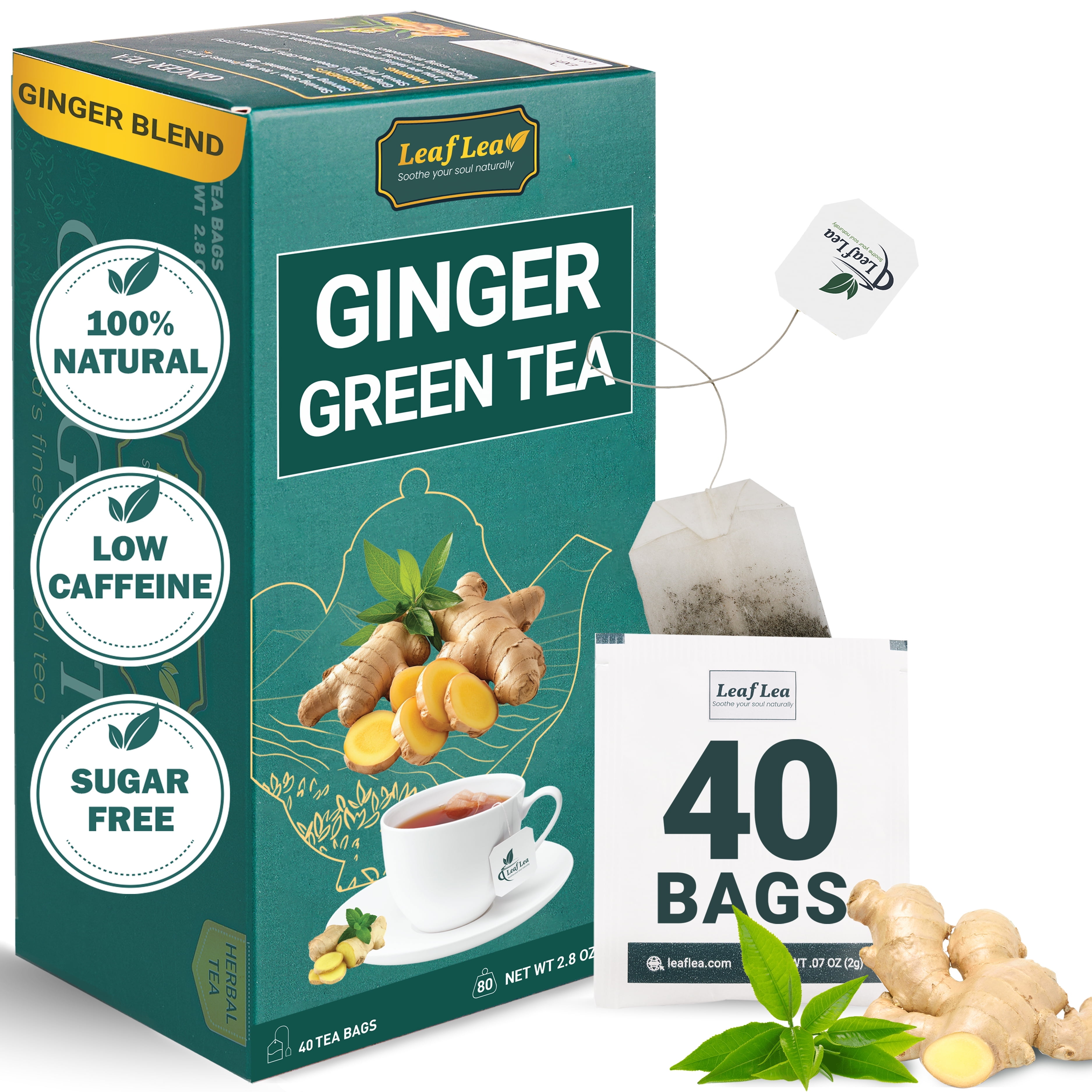 LeafLea Ginger Green Tea Bags Blend, Green Tea with Ginger, Ginger Tea ...
