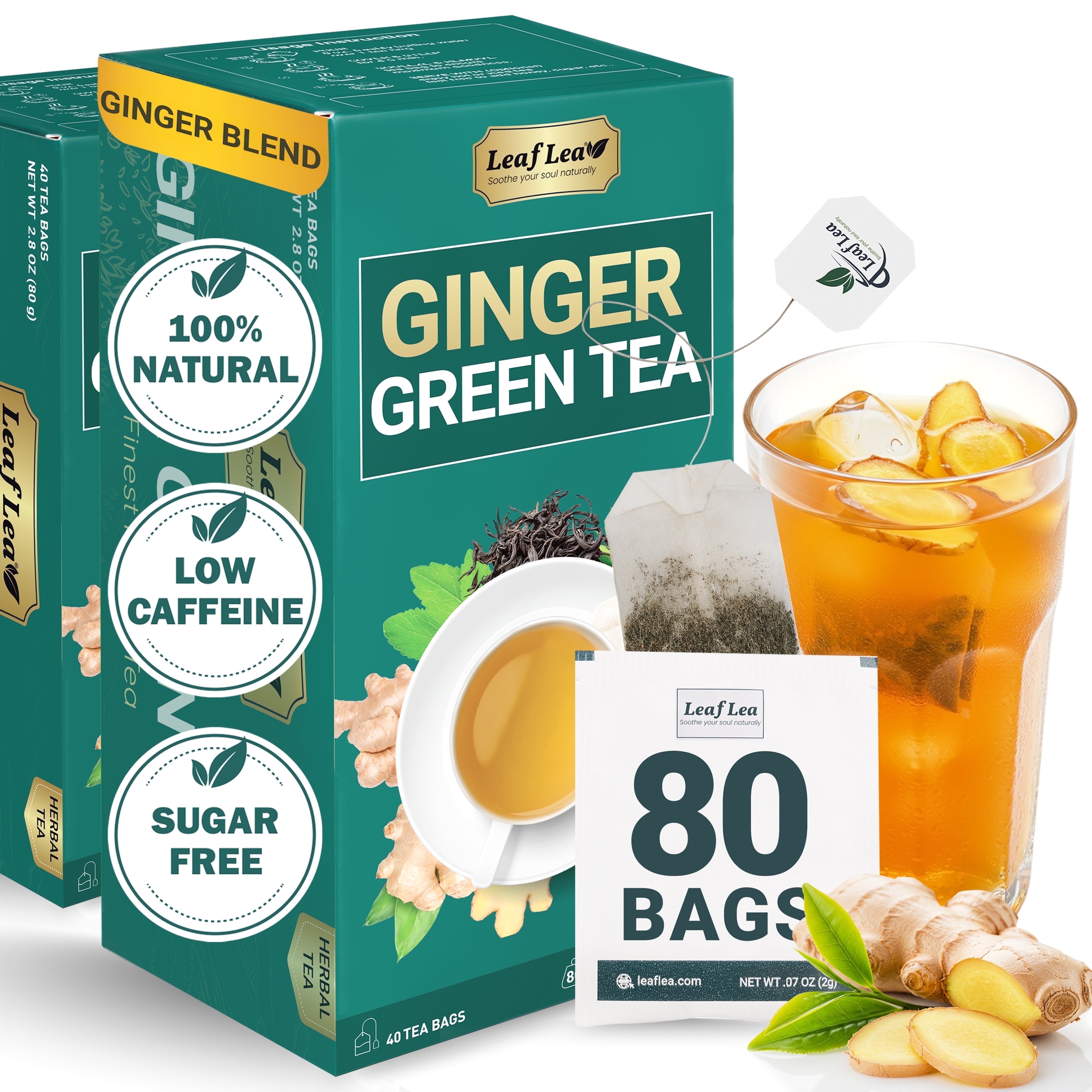 LeafLea Green Tea with Ginger, 80 Herbal Tea Bags, Natural Green Tea ...