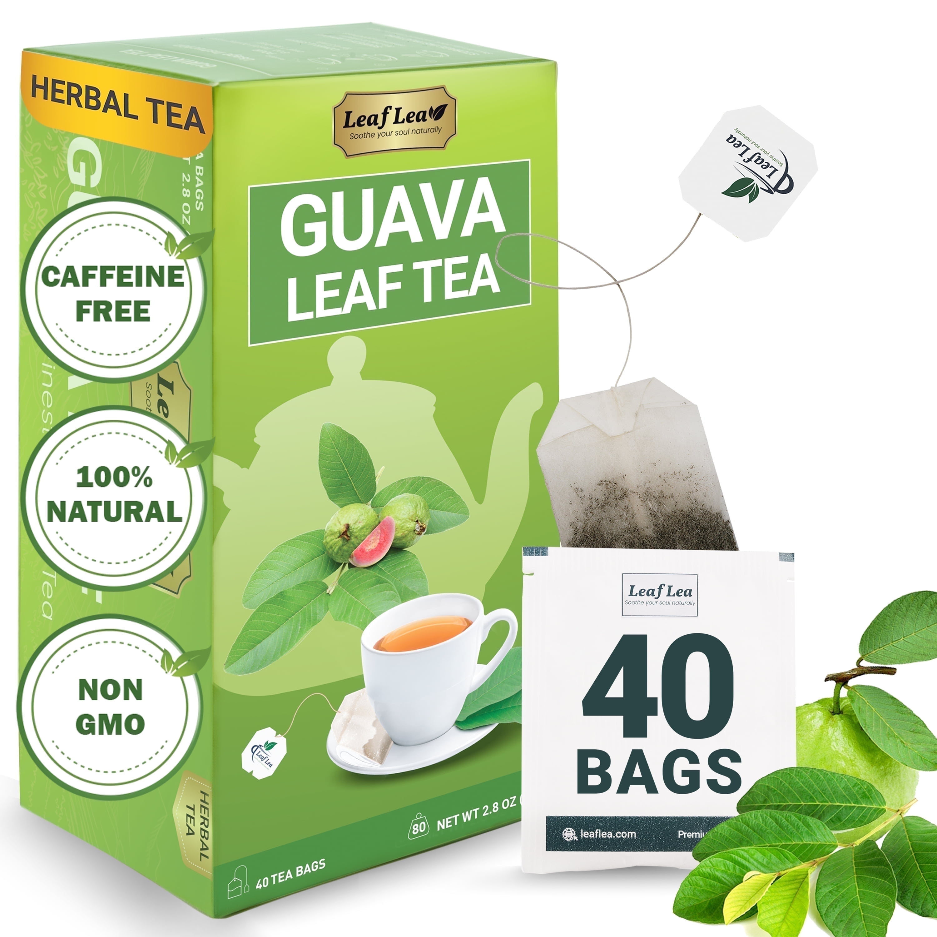 LeafLea Guava Leaf Tea, 40 Individually Wrapped Tea Bags, Made from 100 ...