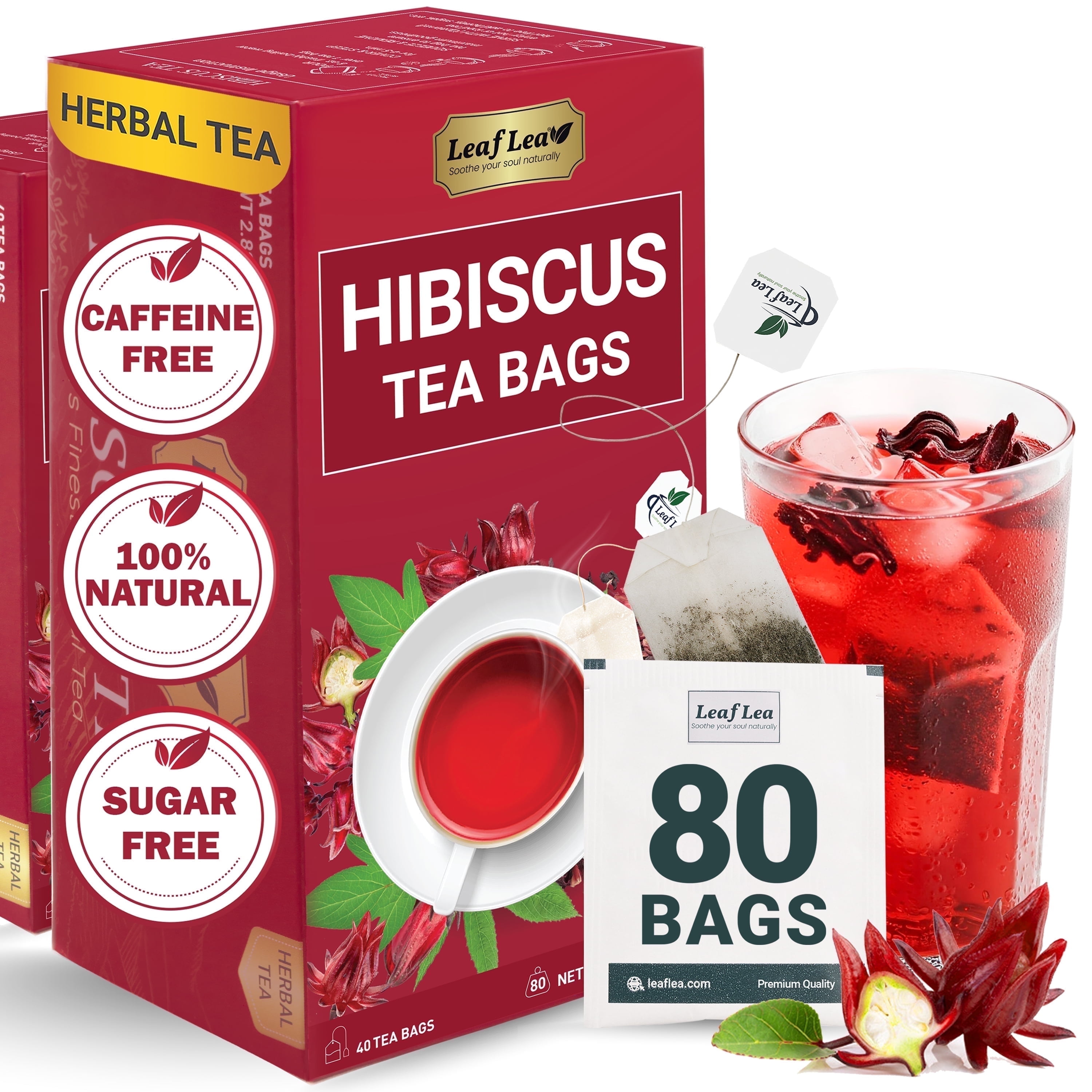 LeafLea Natural Hibiscus Tea Bags, Hibiscus Flower Tea Bags. Red ...