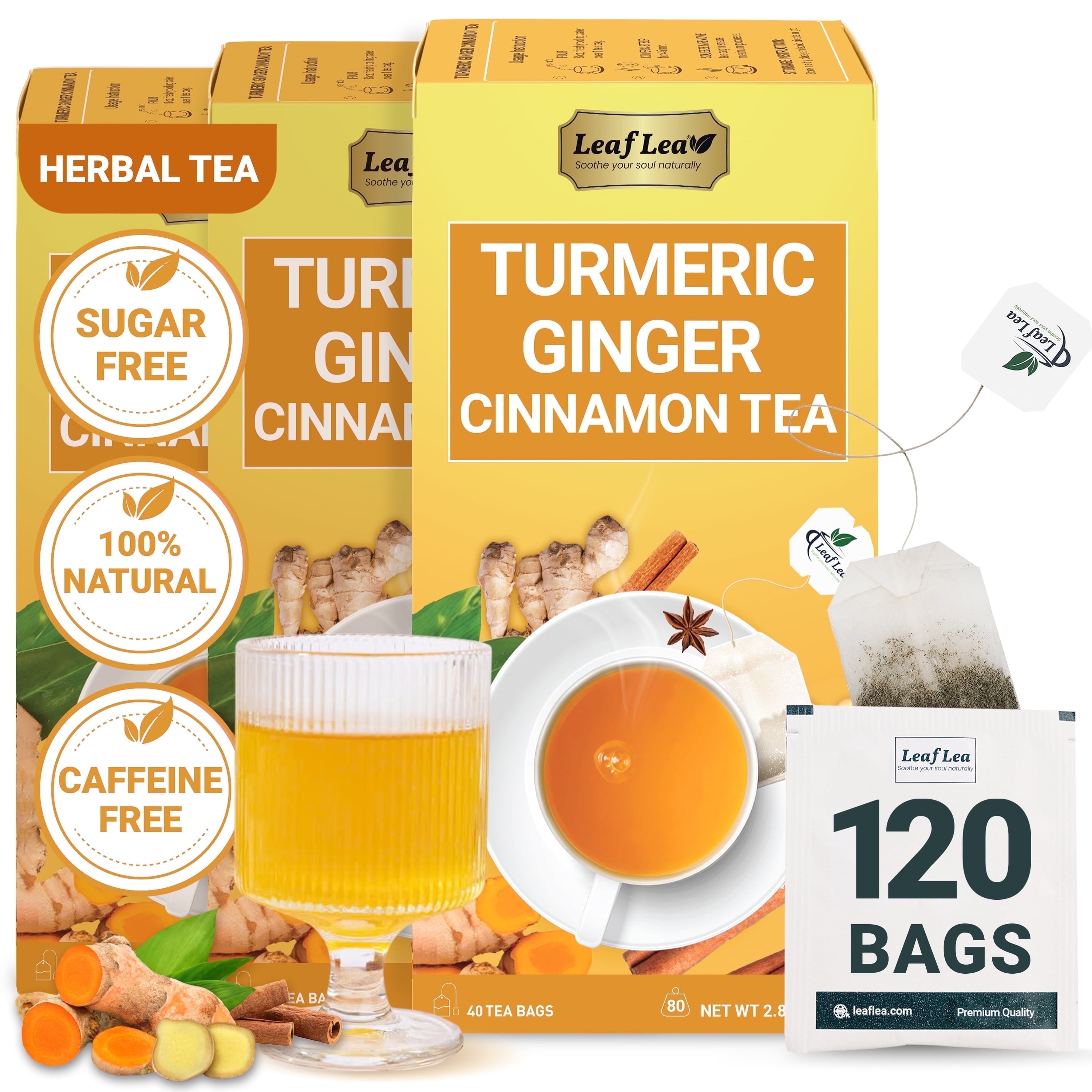 LeafLea Turmeric Ginger Cinnamon Tea Bags, 100% Natural & Pure Ginger ...