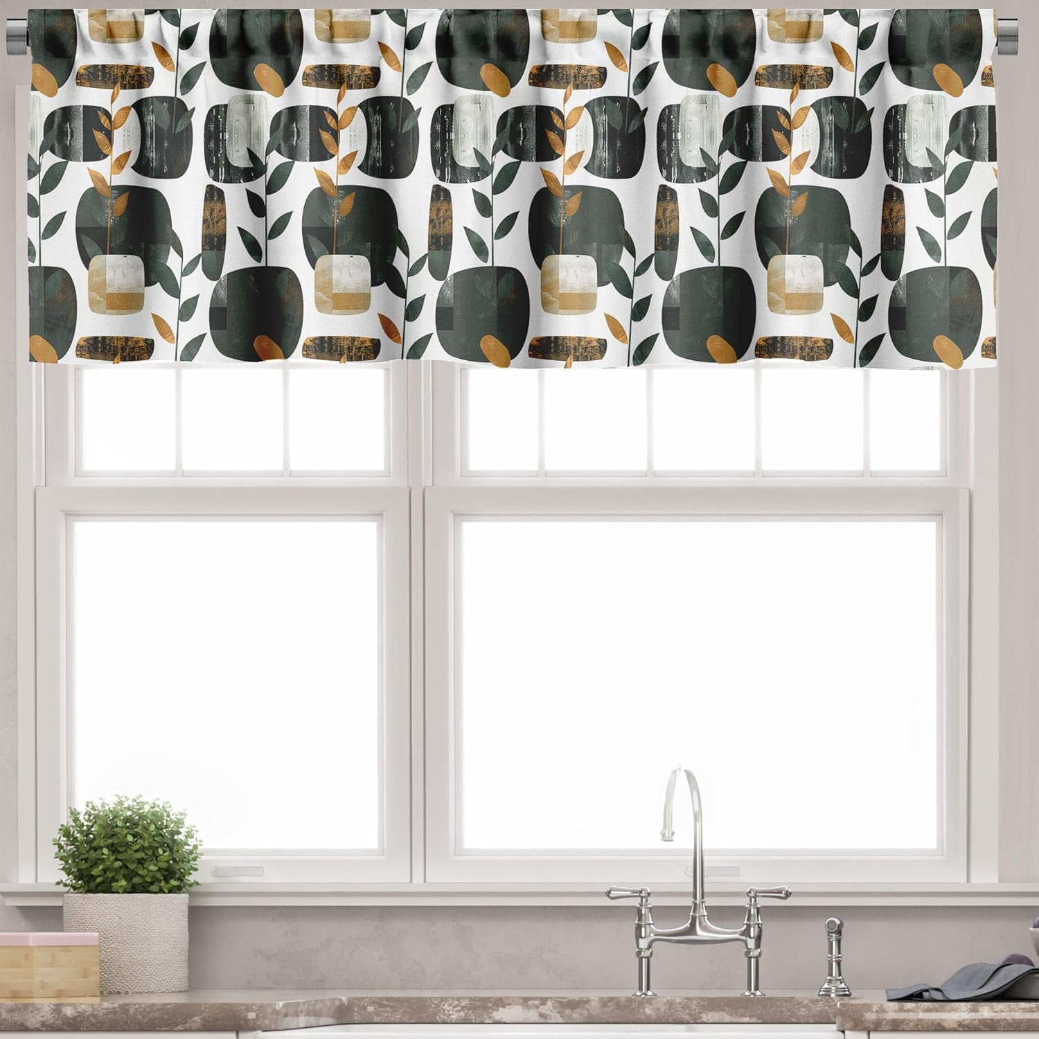 Leafy Boho Window Valance, Modern Grunge Details Abstract Geometric ...