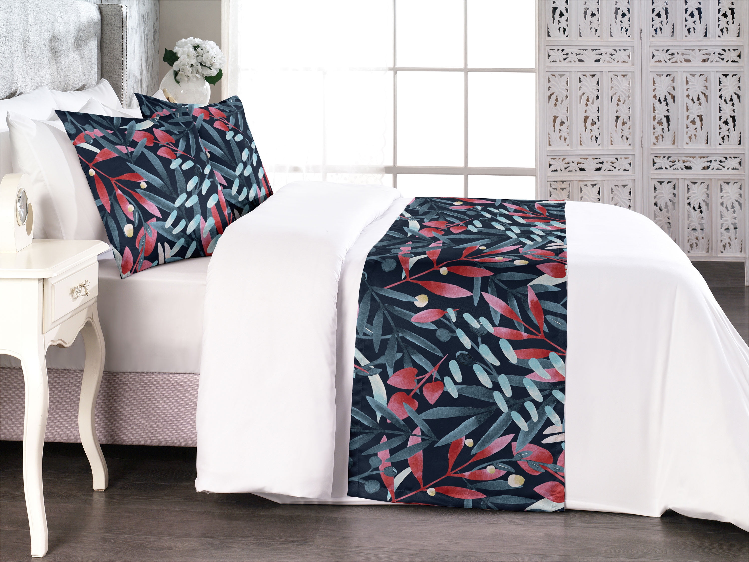 Leafy Design Bed Runner Set, Modern Color Palette Tropical Jungle ...