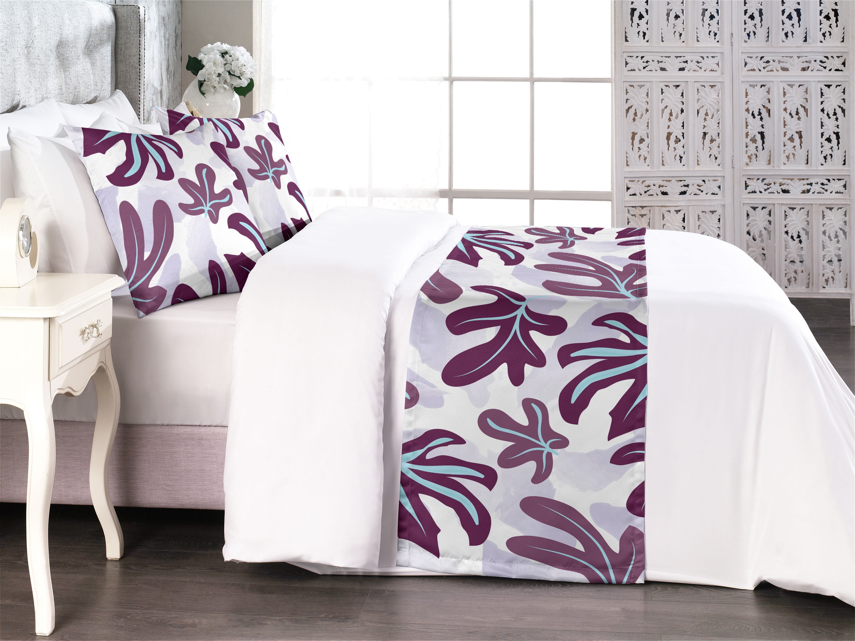 Leafy Design Bed Runner Set, Simple Boho Dreamy Pattern of Tropical ...