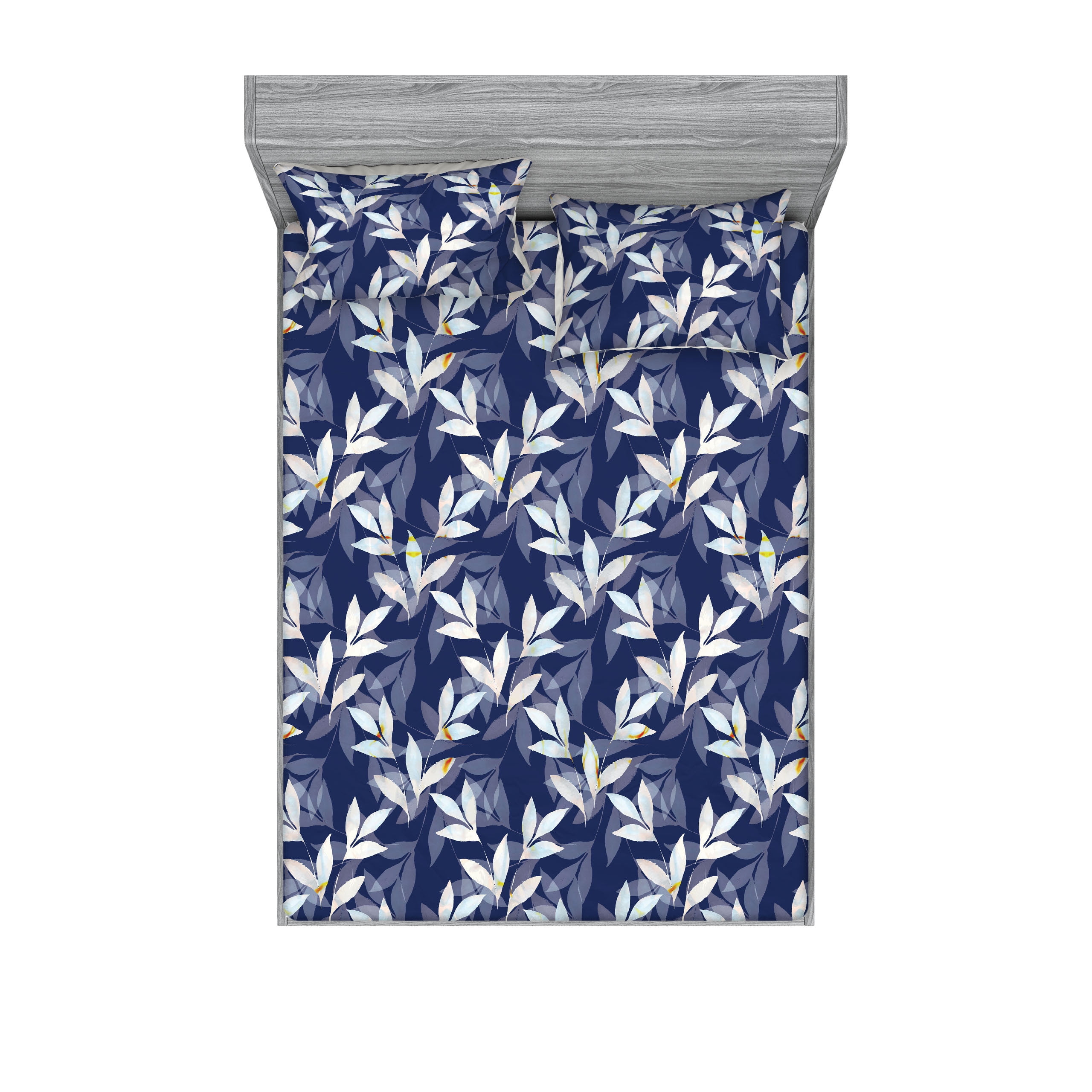 Leafy Design Fitted Sheet & Pillow Sham Set, Autumnal Leaf Silhouettes ...