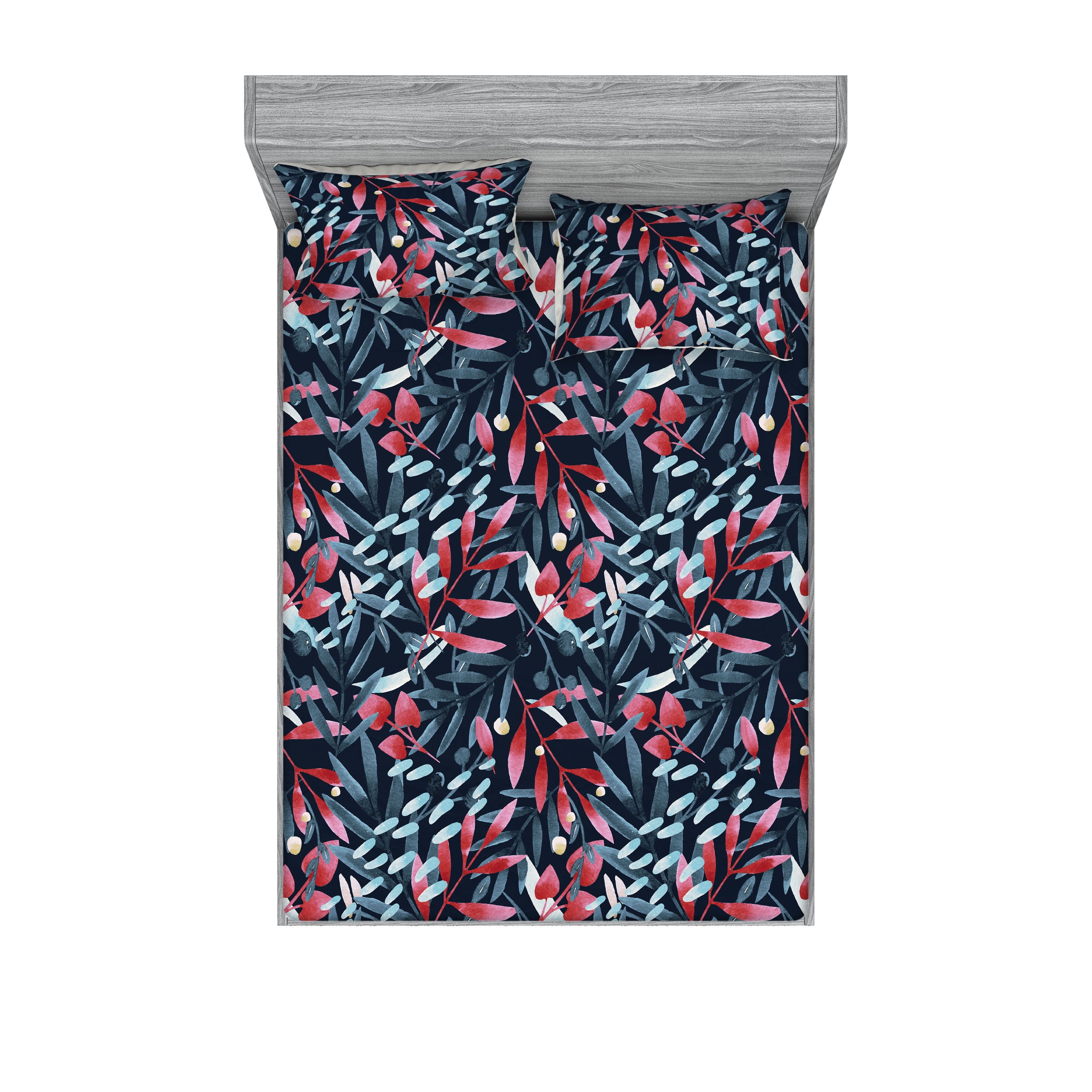 Leafy Design Fitted Sheet & Pillow Sham Set, Modern Color Palette ...