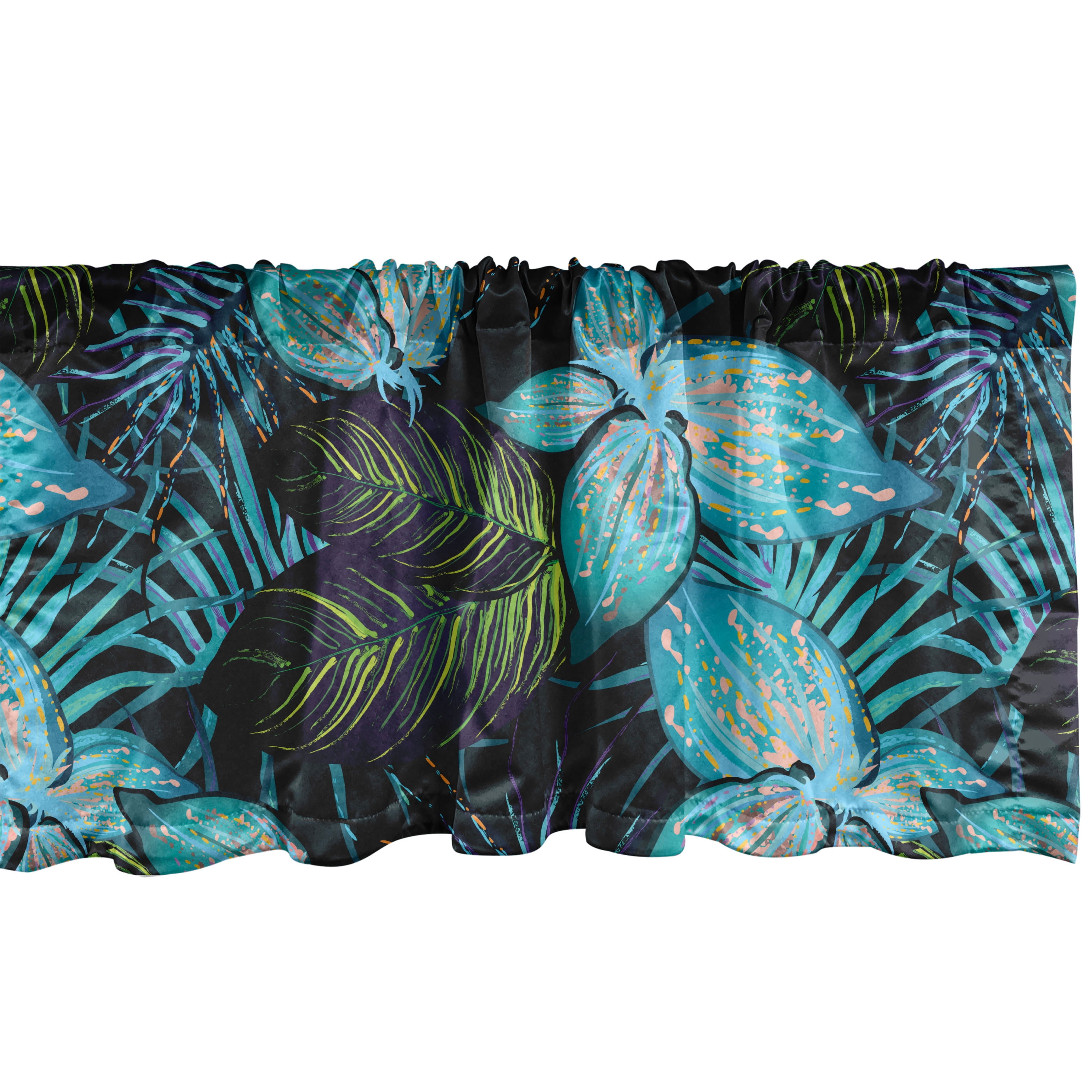 Leafy Design Window Valance, Night Time Jungle Themed Leaves Greenery ...
