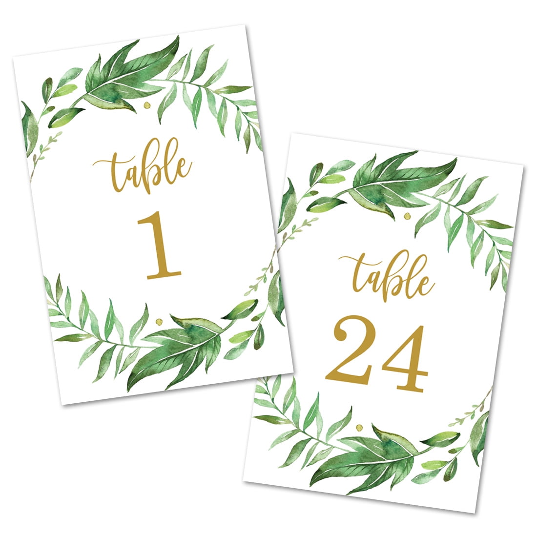 Leafy Greenery Wreath Table Number Cards 1-24 (Gold) - Double Sided 4x6 ...