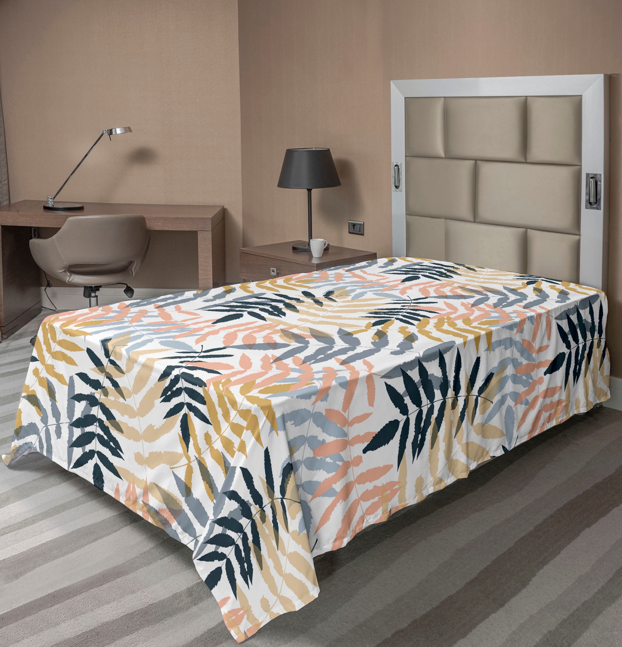 Leafy Pattern Flat Sheet, Tropical Design Pastel Colors Leaves ...