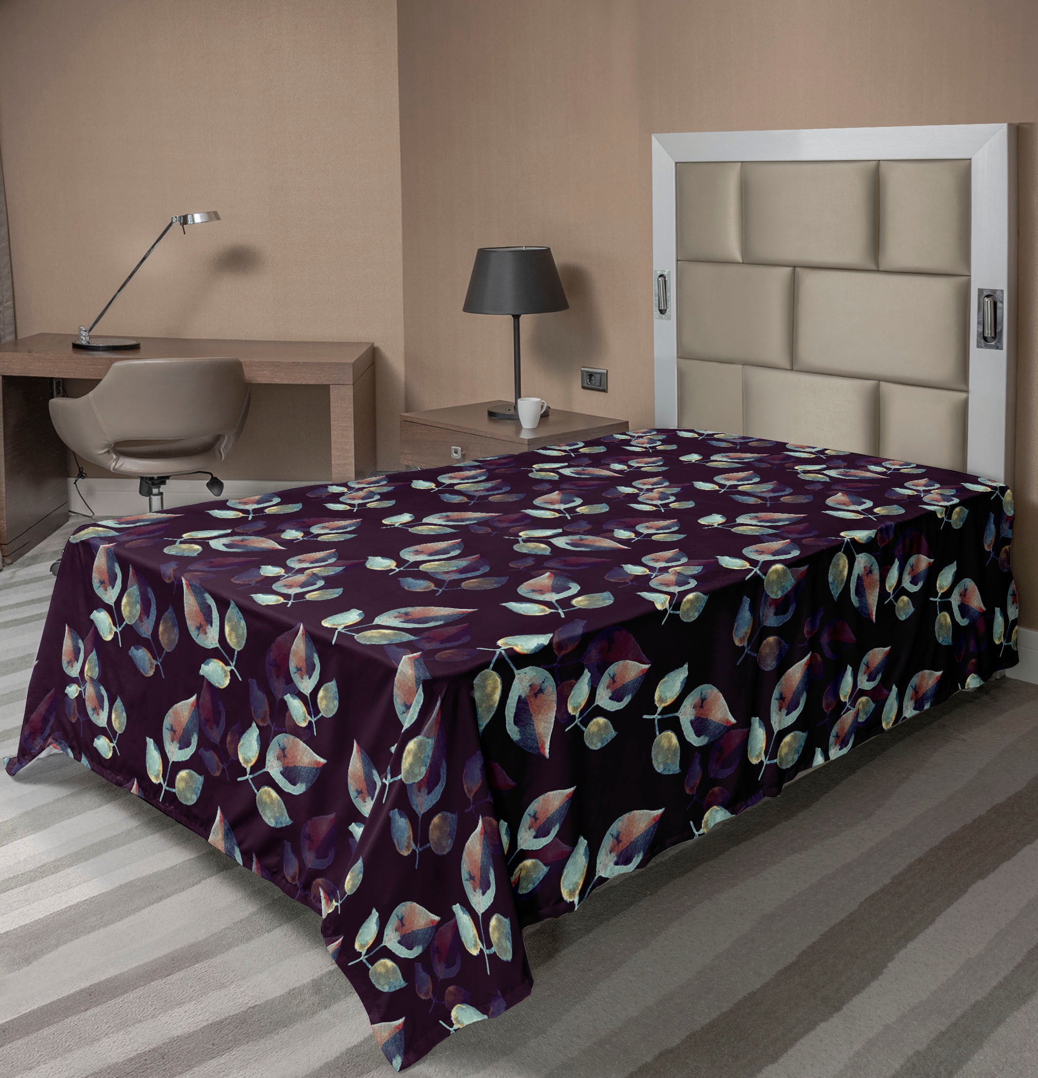 Leafy Pattern Flat Sheet, Watercolor Style Illustrated Leaves Greenery ...