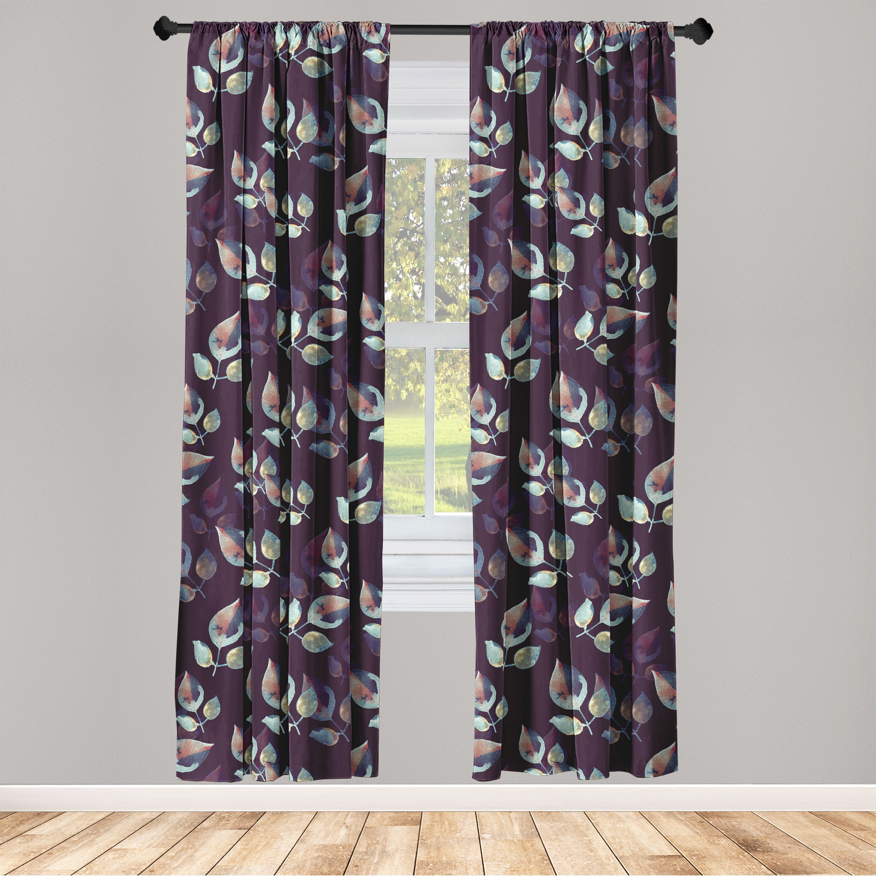 Leafy Pattern Window Curtains, Watercolor Style Illustrated Leaves ...